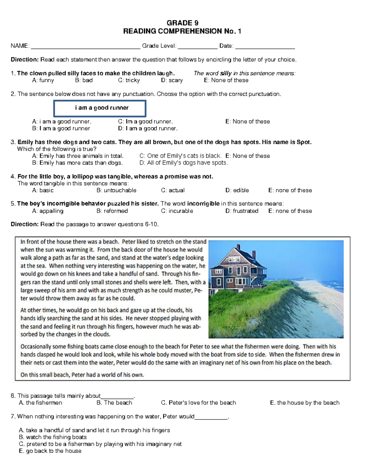 Grade 9 English Reading Comprehension Practice Test - Studocu