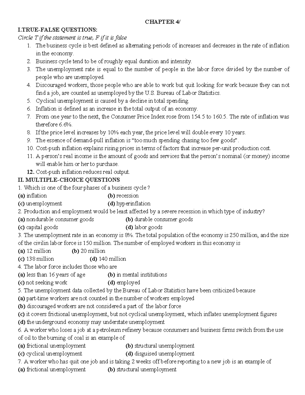 CHAPTER 4 QUESTIONS: True/False & Multiple Choice Exercises - Studocu
