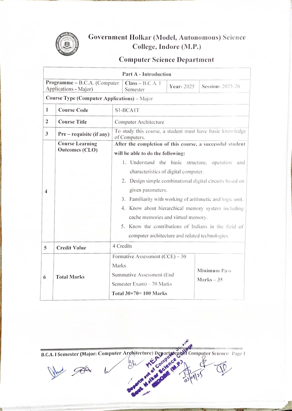 B.C.A. I Semester 2025: Computer Architecture Course Overview - Studocu