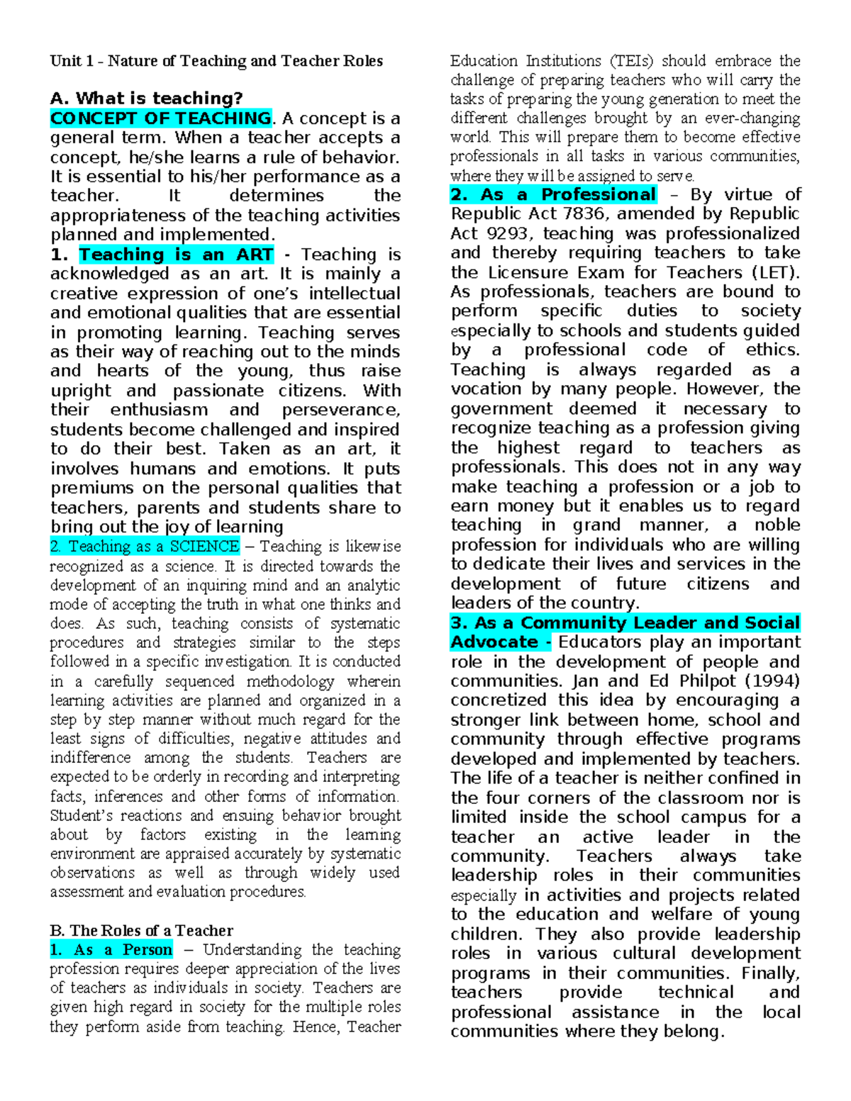 Unit 1: Nature of Teaching & Teacher Roles - Lecture Notes - Studocu