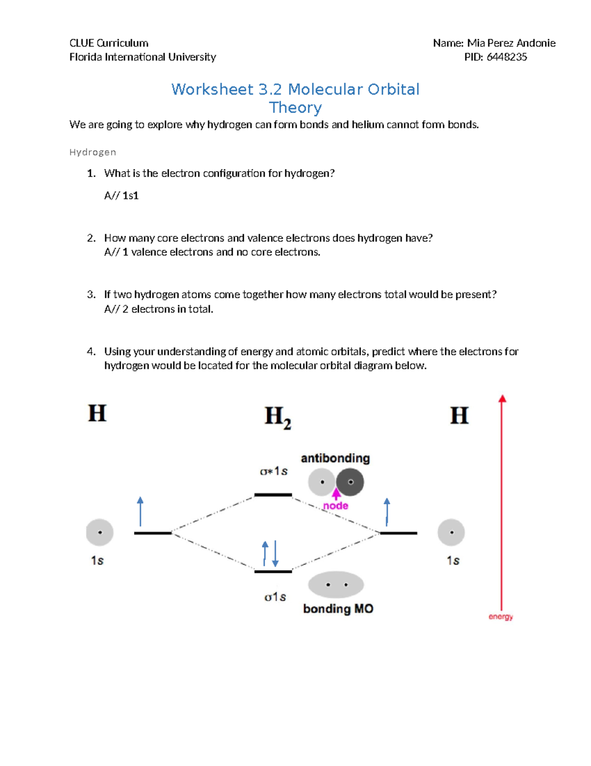 Worksheet 3.2: Molecular Orbital Theory on Hydrogen & Helium Bonds ...