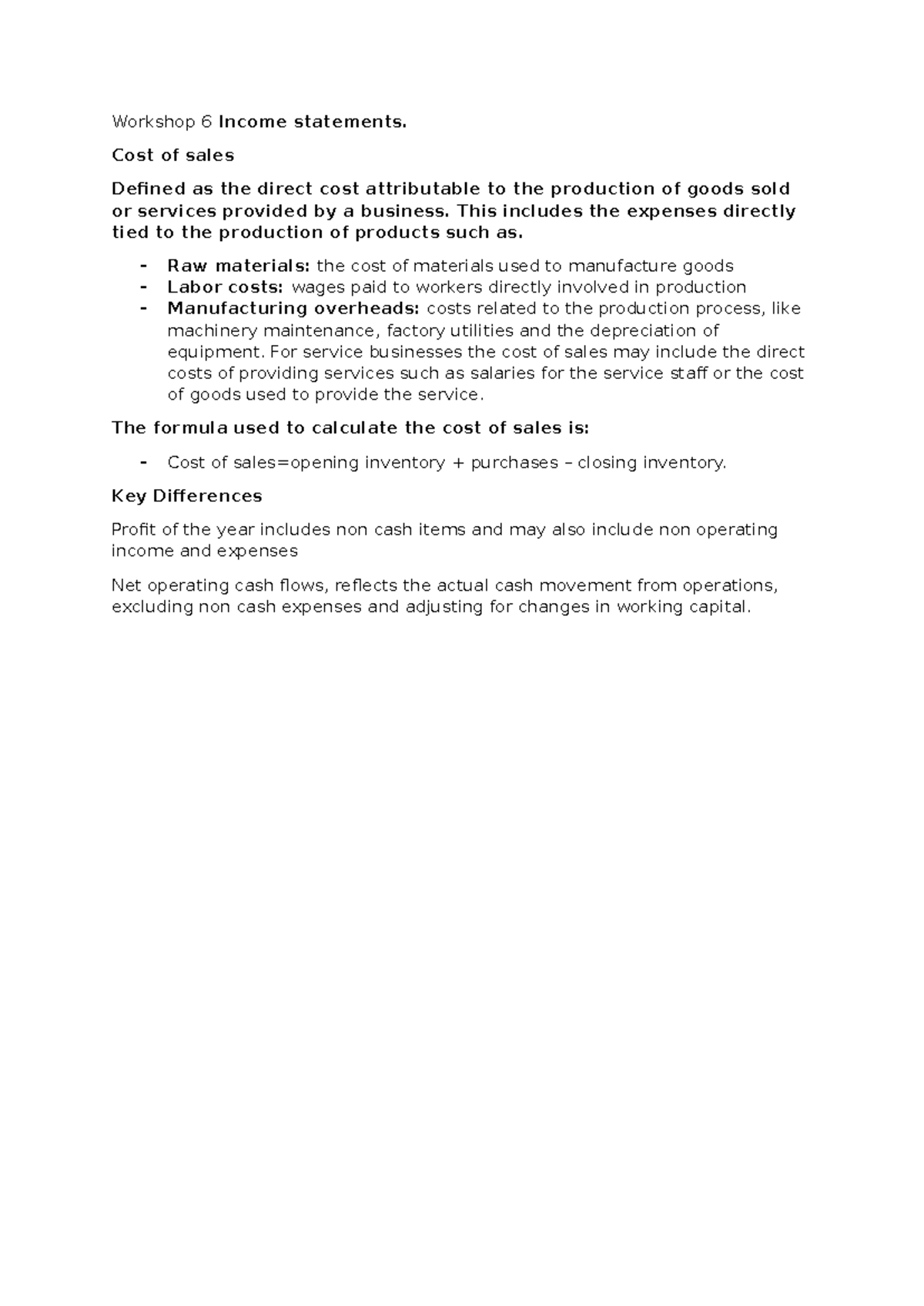 Workshop 6: Understanding Income Statements & Cost of Sales - Studocu