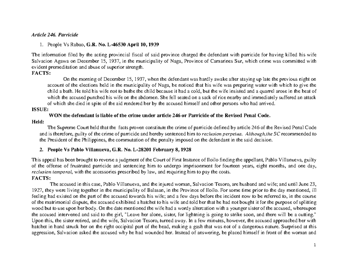Constitution 1 Case Digest: Key Cases on Parricide & Frustrated ...