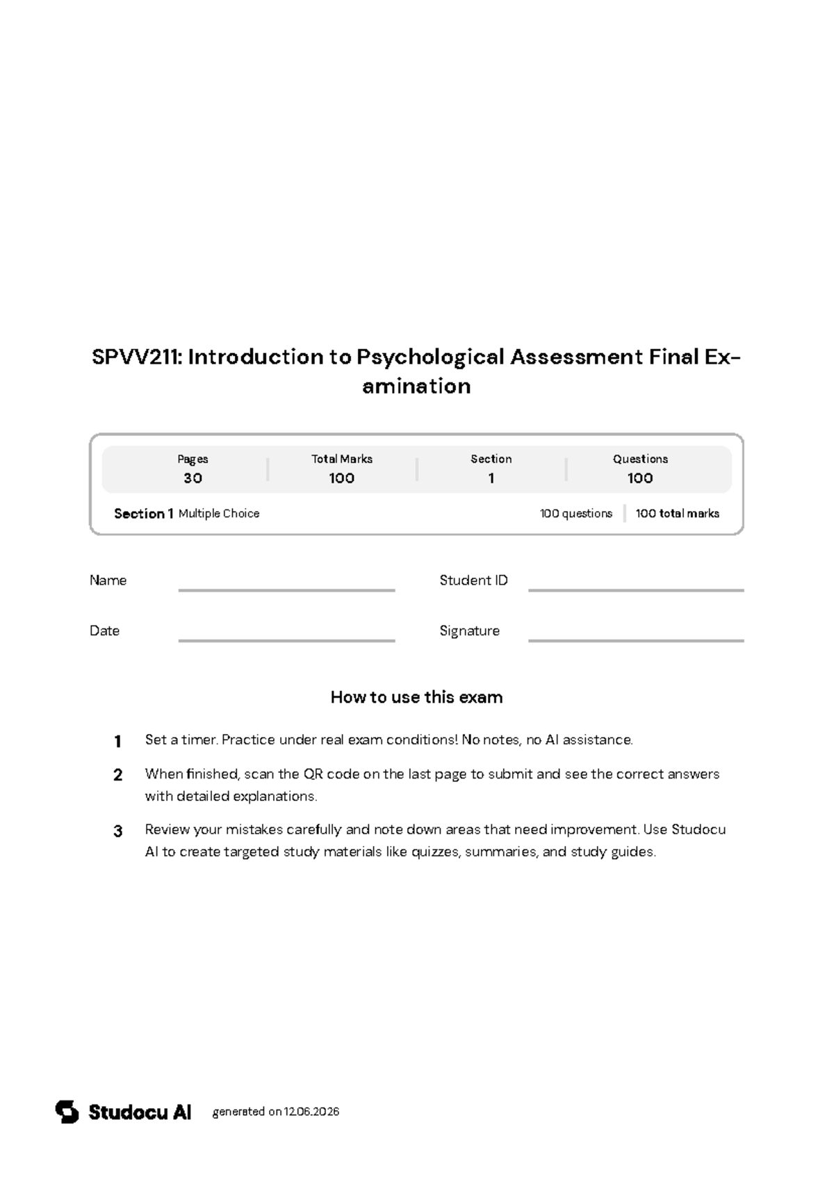SPVV211: Introduction to Psychological Assessment Final Exam - Studocu