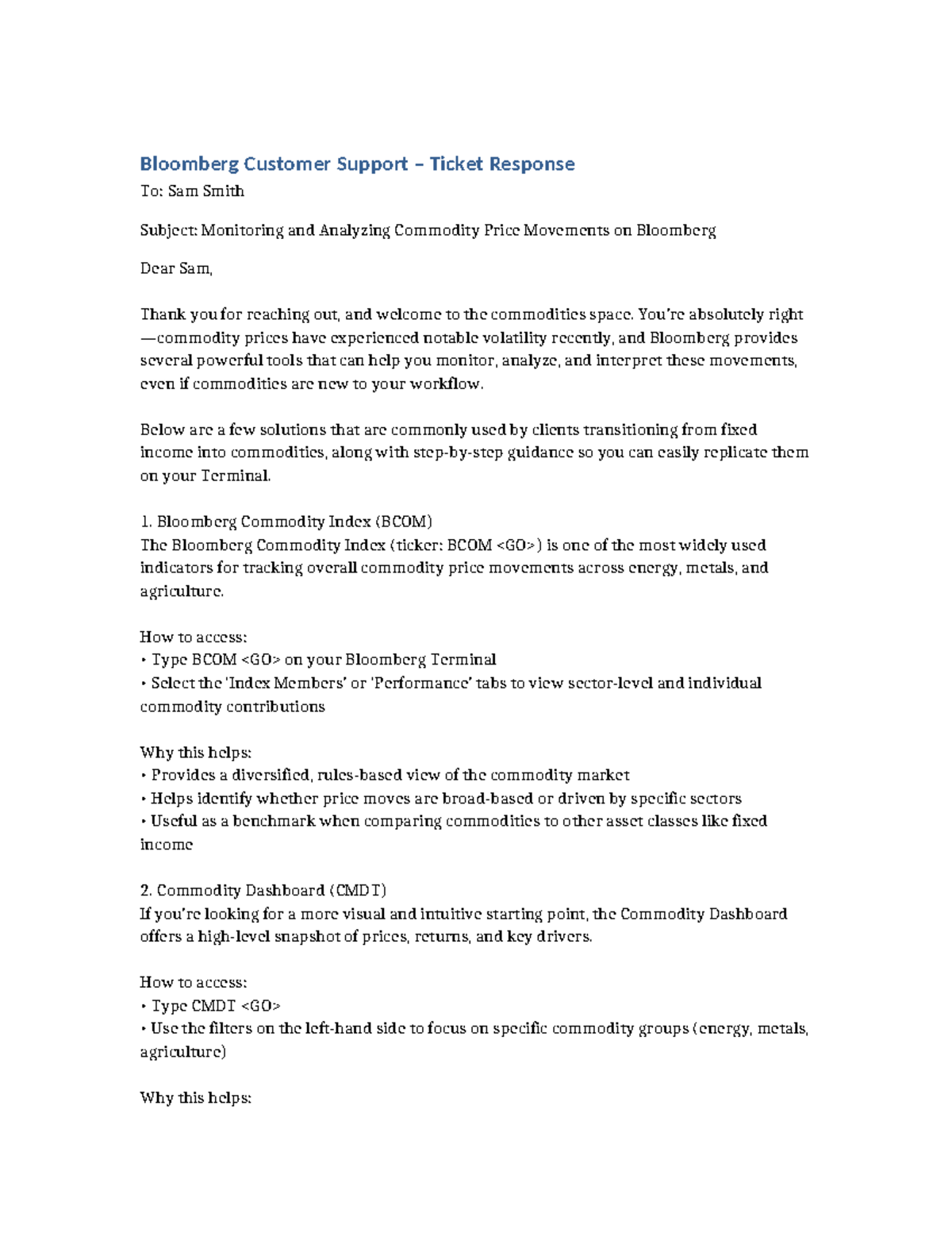 Bloomberg Support: Analyzing Commodity Price Movements - Studocu