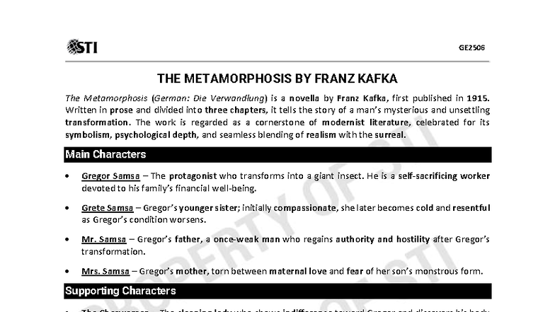 GE2506 Final Exam Study Guide: The Metamorphosis & 1Q84 - Studocu