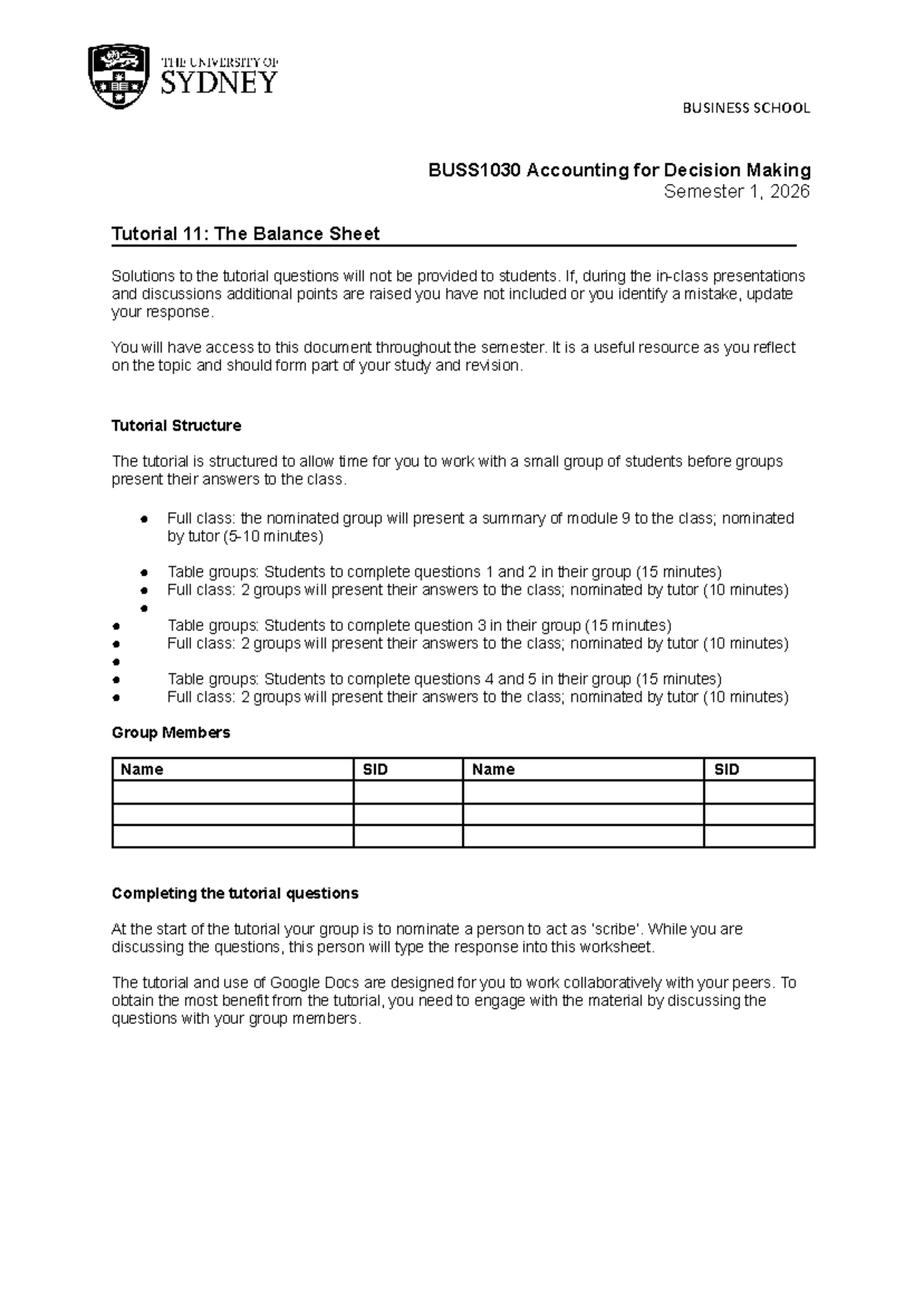 BUSS1030 Tutorial 11: Balance Sheet Solutions & Group Activities - Studocu