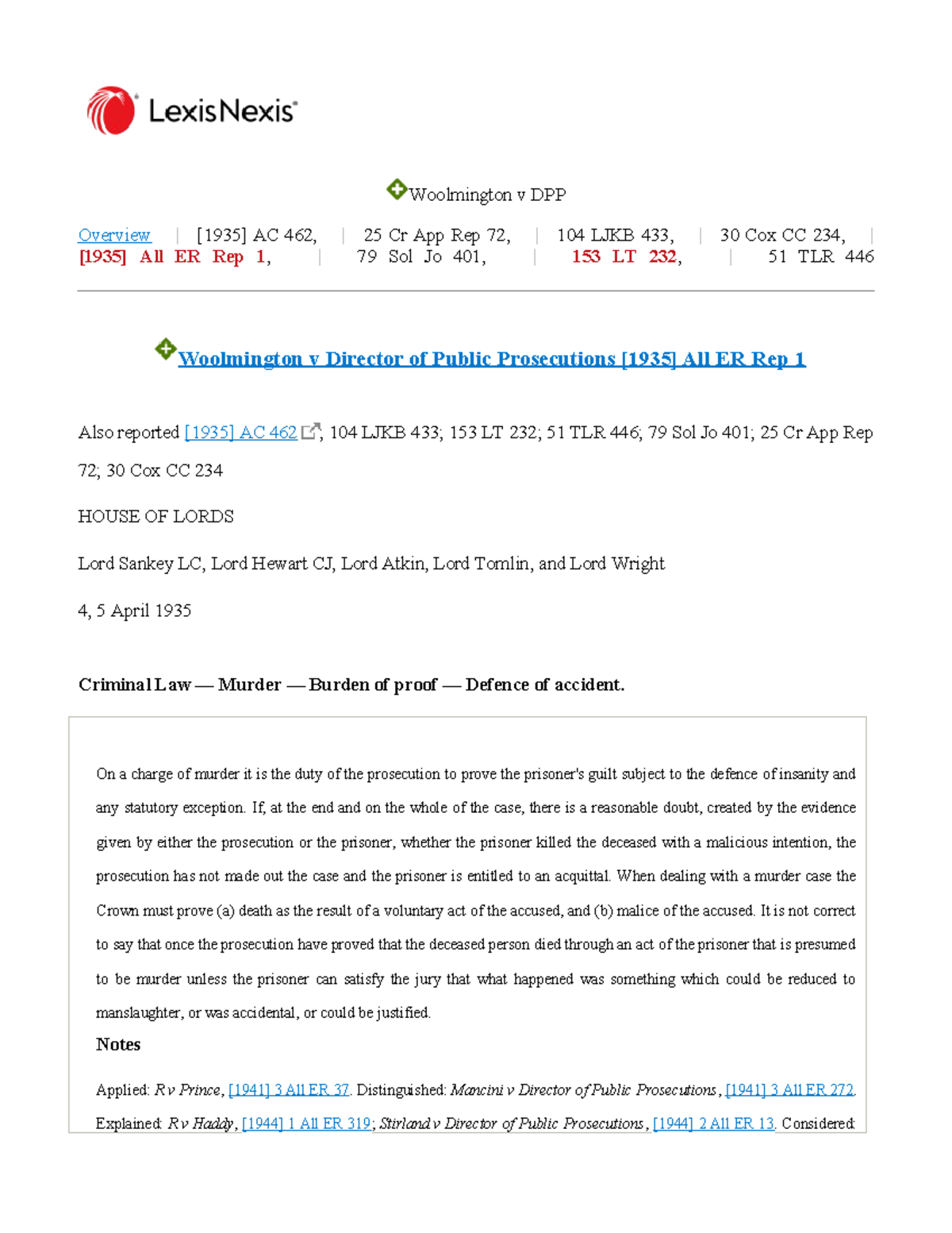 Woolmington v DPP [1935] All ER Rep 1: Legal Analysis & Implications ...