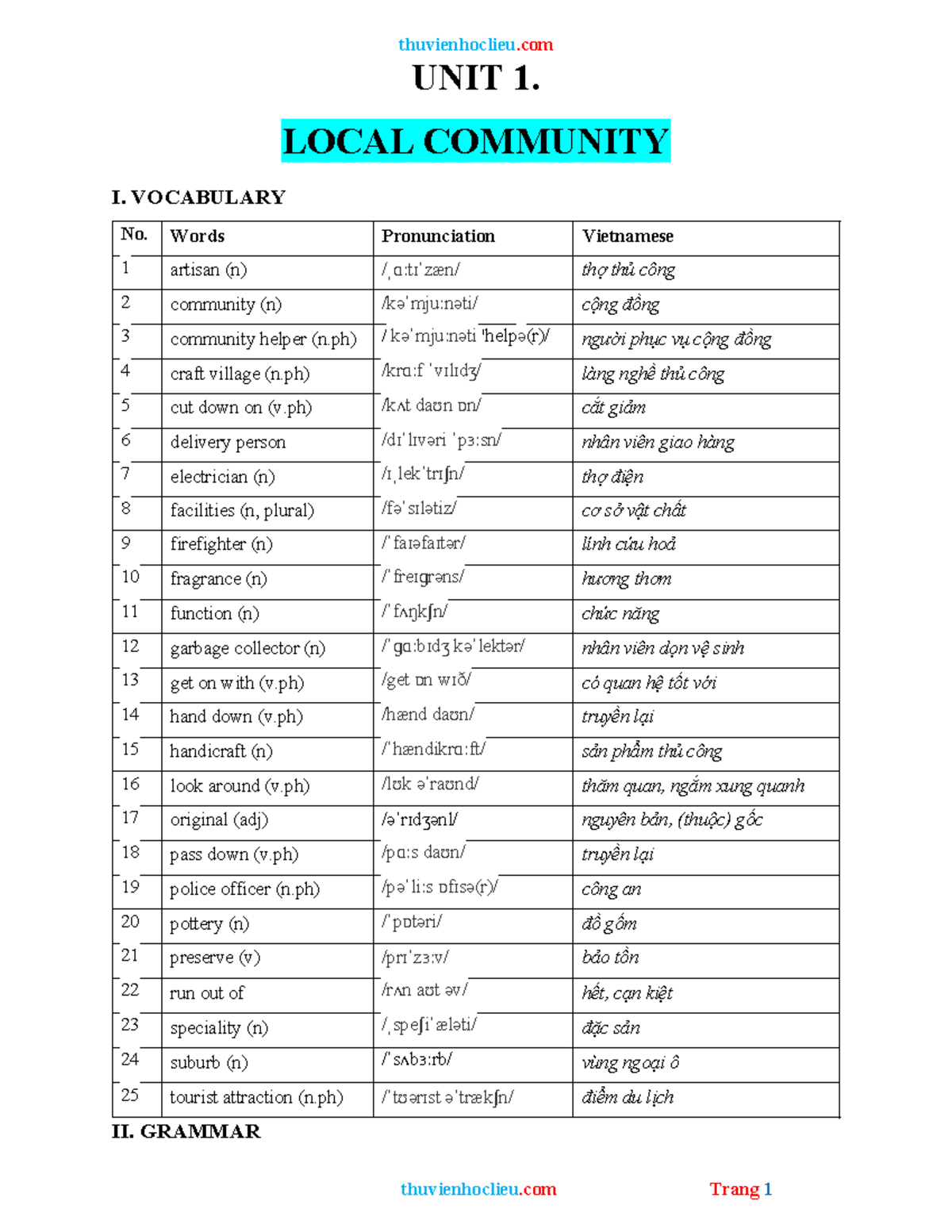 Unit 1: Local Community Vocabulary & Grammar - Tiếng Anh 9 - Studocu