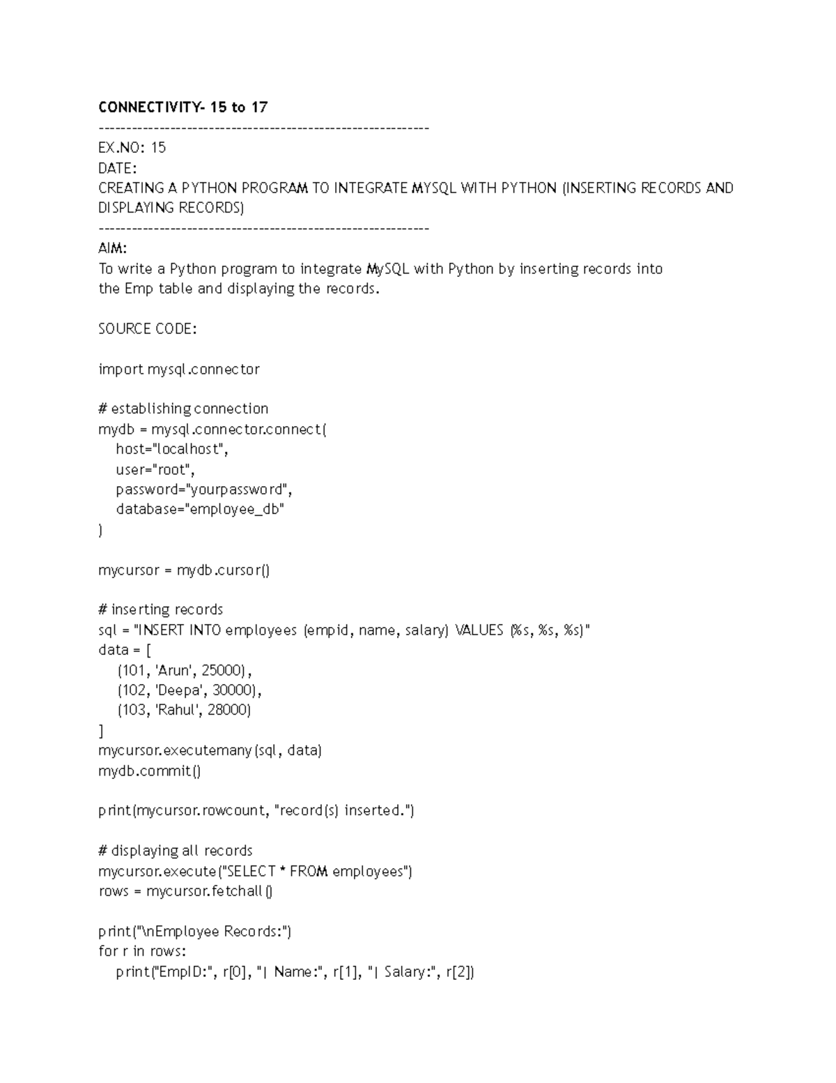 CS PRAC Programs: Integrating MySQL with Python and File Handling - Studocu