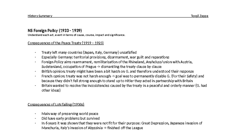 History Summary: Path to WWII (Y3, S2) - Key Events & Impacts - Studocu