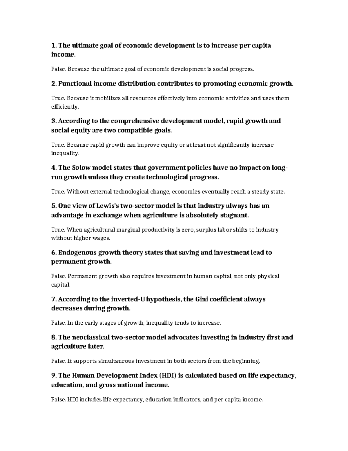 Economic Development Insights: True/False Analysis (ECO 101) - Studocu