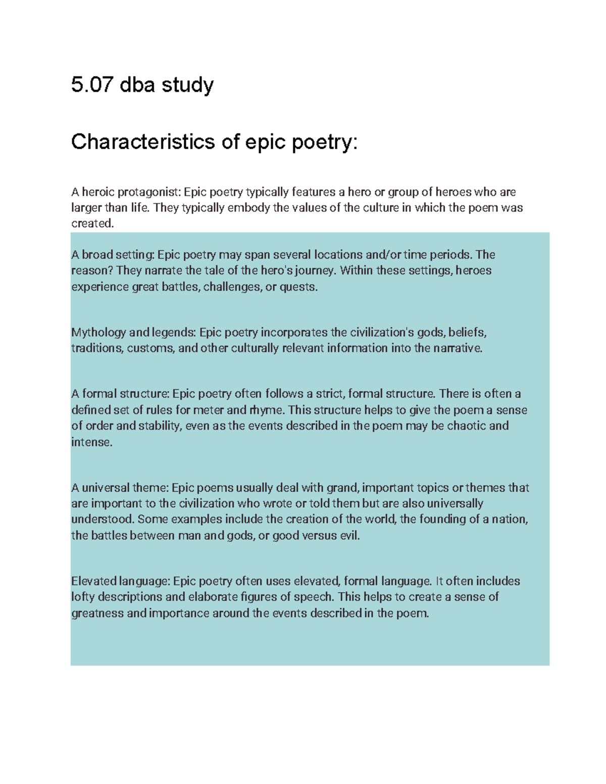 507 DBA Final Exam Study on Epic Poetry Characteristics and Themes ...