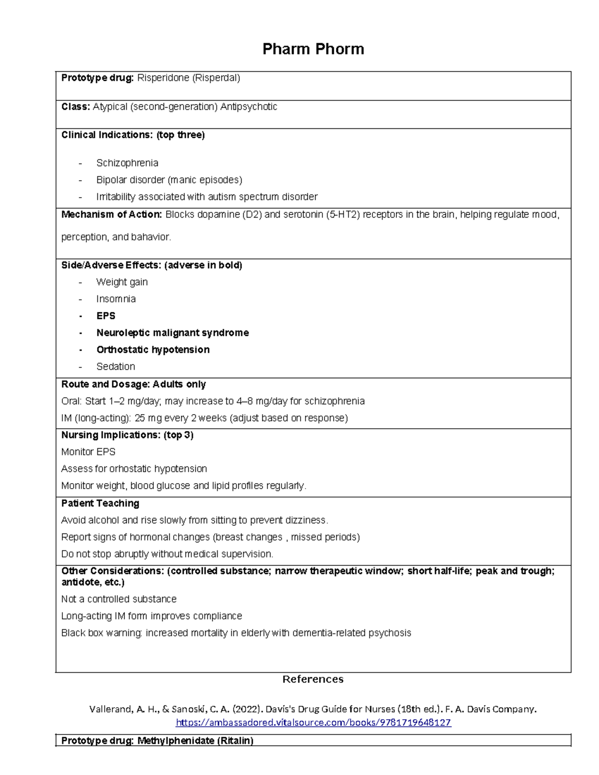 Pharm Phorm Template Week 3: Prototype Drug Overview and Nursing ...