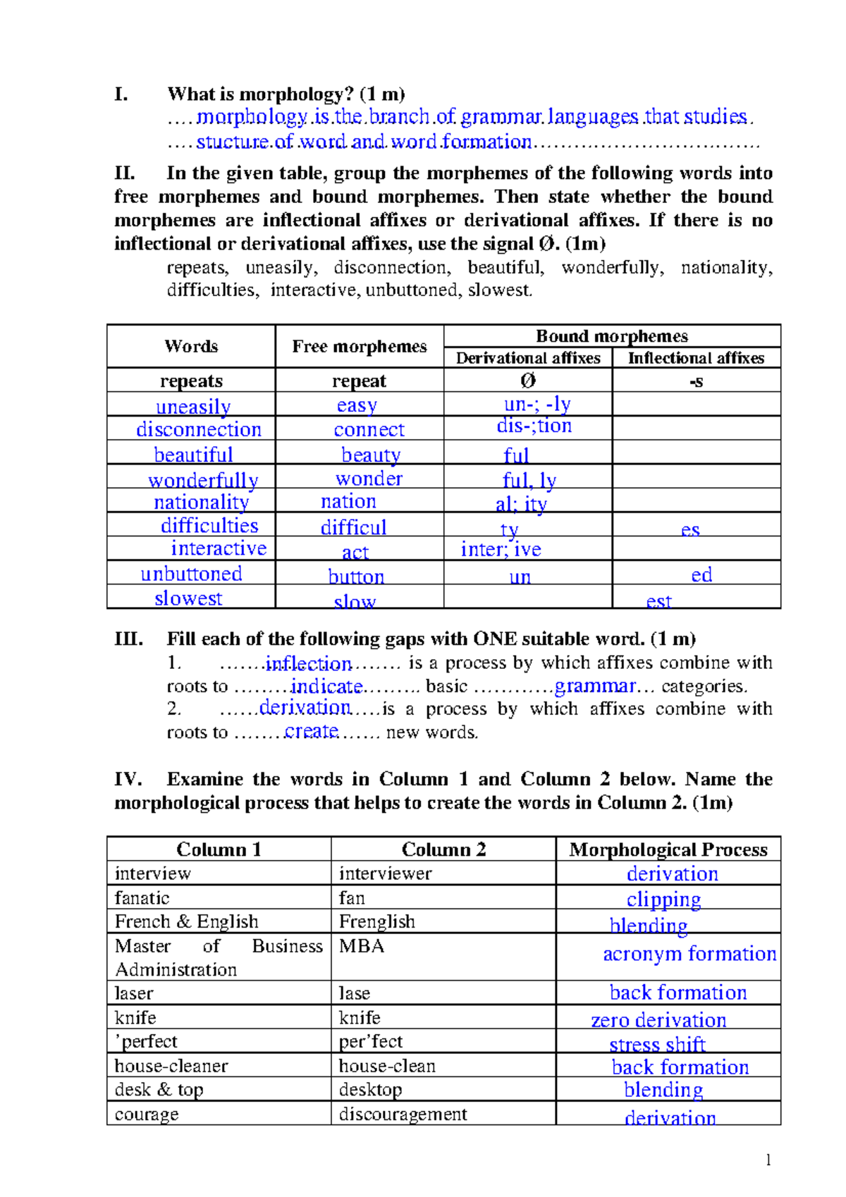 Midterm Sample TEST - I. What is morphology? (1 m) - Studocu