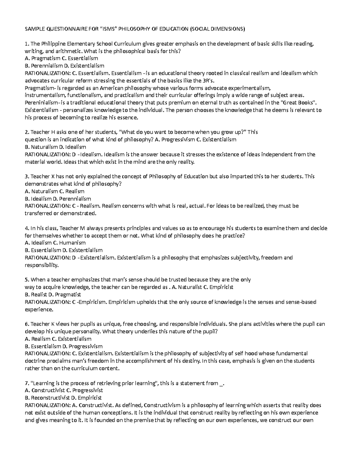 LPT Review March 2025 - SAMPLE QUESTIONNAIRE FOR “ISMS” PHILOSOPHY OF ...