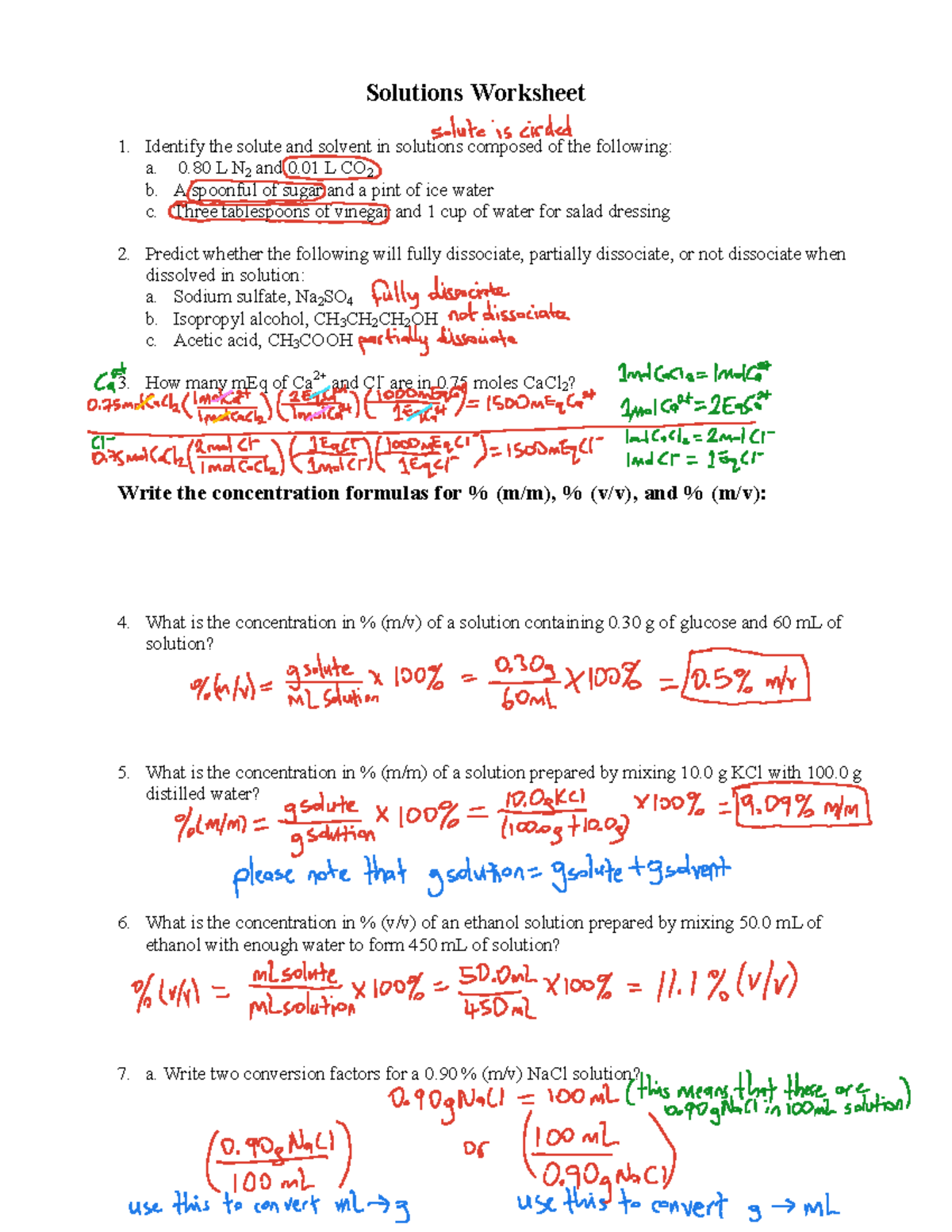 CHE 111 Solutions Worksheet 1: Solute, Solvent, and Molarity ...