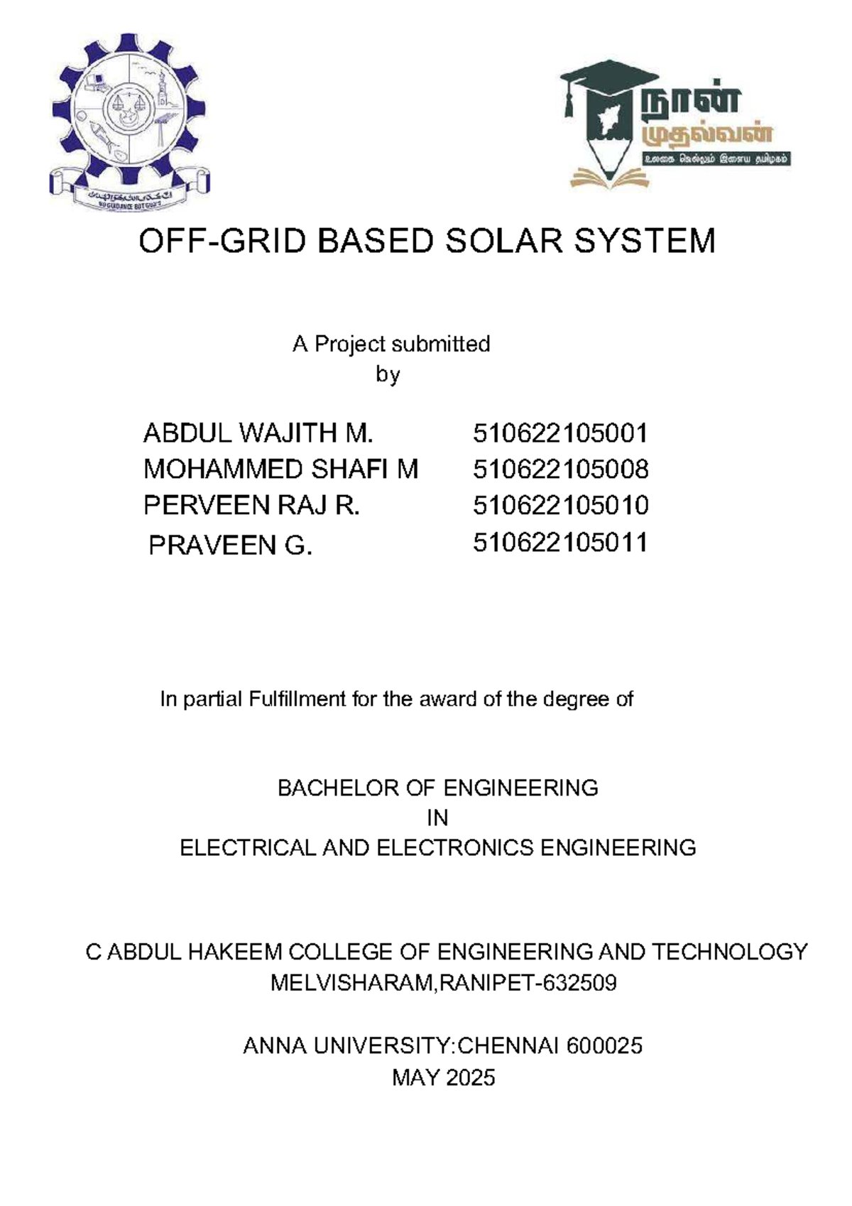 OFF-GRID BASED SOLAR SYSTEM PROJECT REPORT - B.E. EEE 510622105001 ...