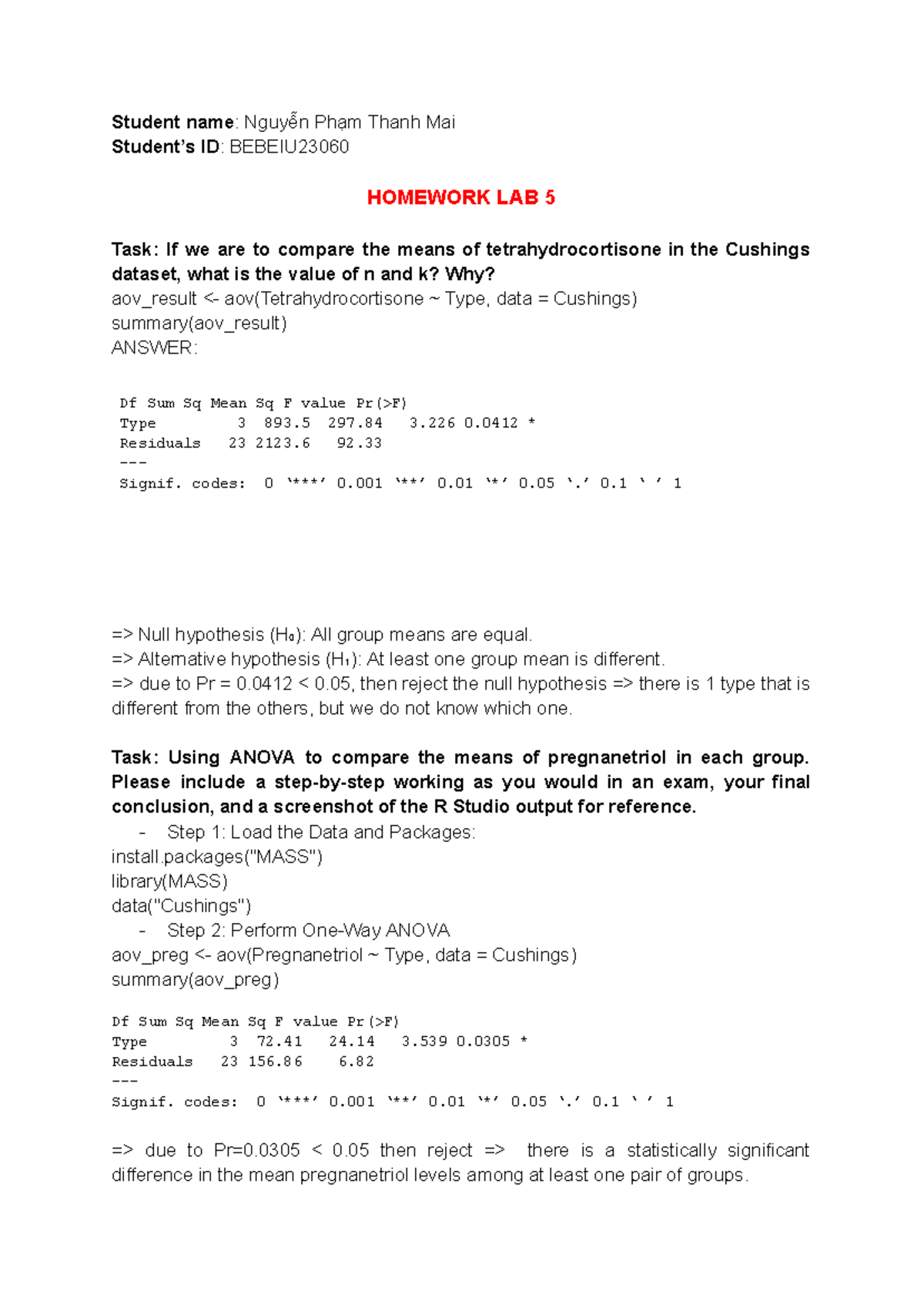 Nguyễn Phạm Thanh Mai - BEBEIU23060 - Homework Lab 5: ANOVA Analysis - Studocu