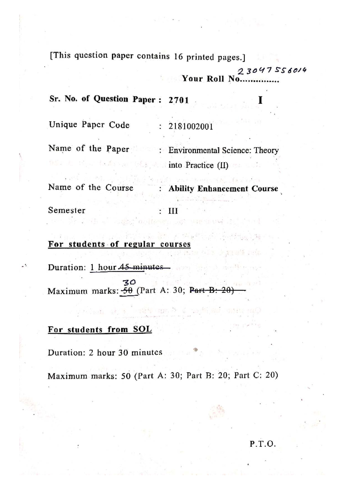 Environmental Science: Theory into Practice (II) Question Paper ...