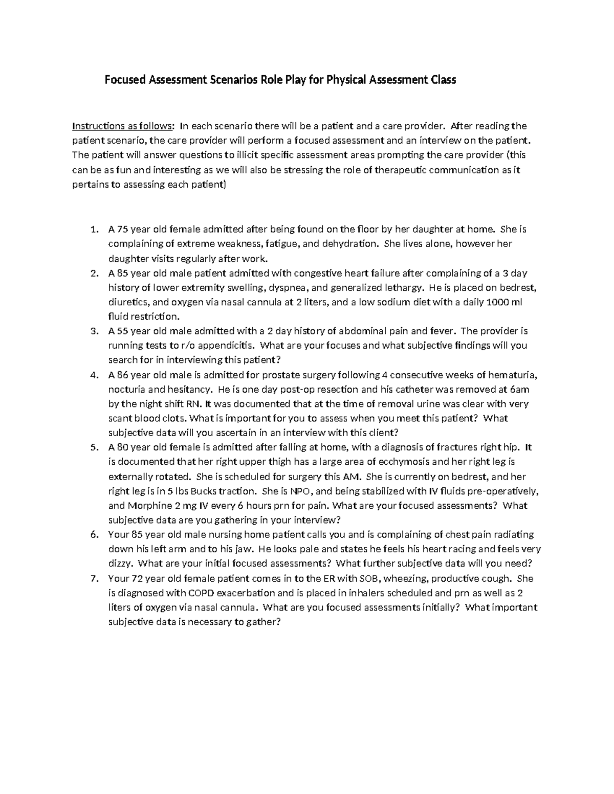 Focused Assessment Scenarios for Physical Assessment Class - Role Play ...