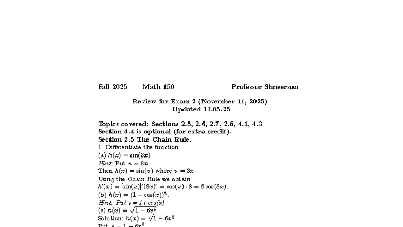 Fall 2025 Math 150 Review for Exam 2B - Updated 10.06 - Studocu