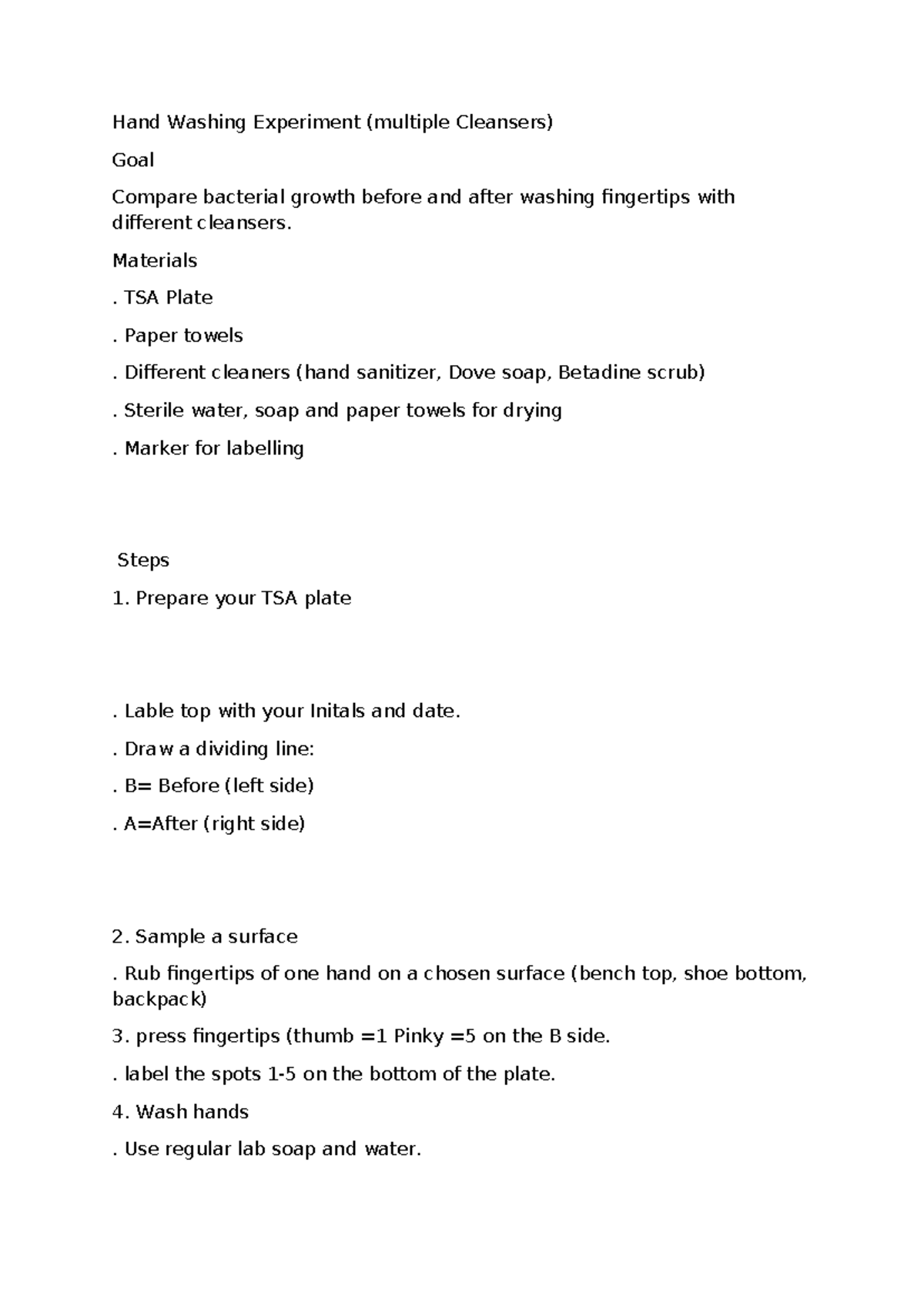 Hand Washing Experiment: Comparing Cleanser Effectiveness - Studocu