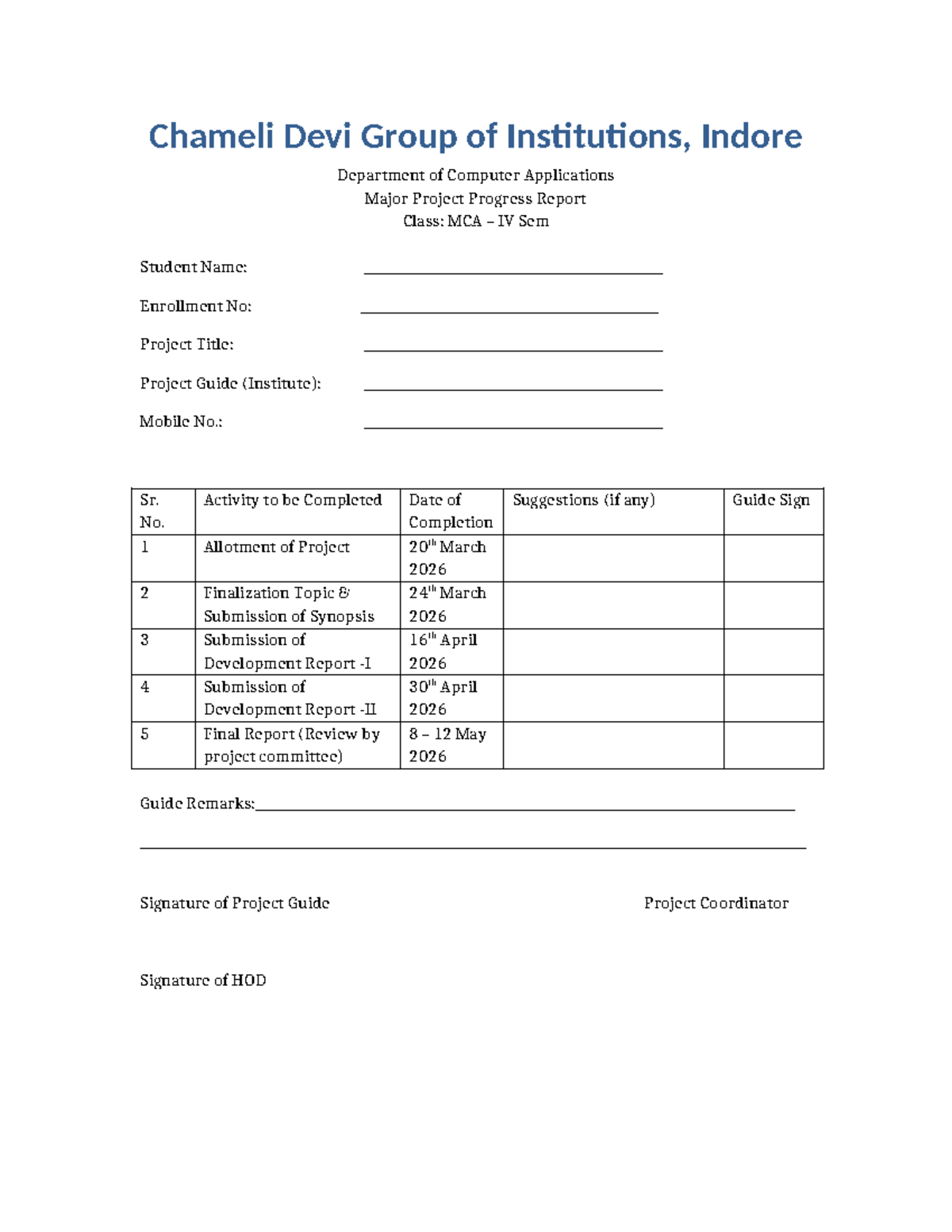 MCA Major Project Progress Report - Chameli Devi Group of Institutions ...