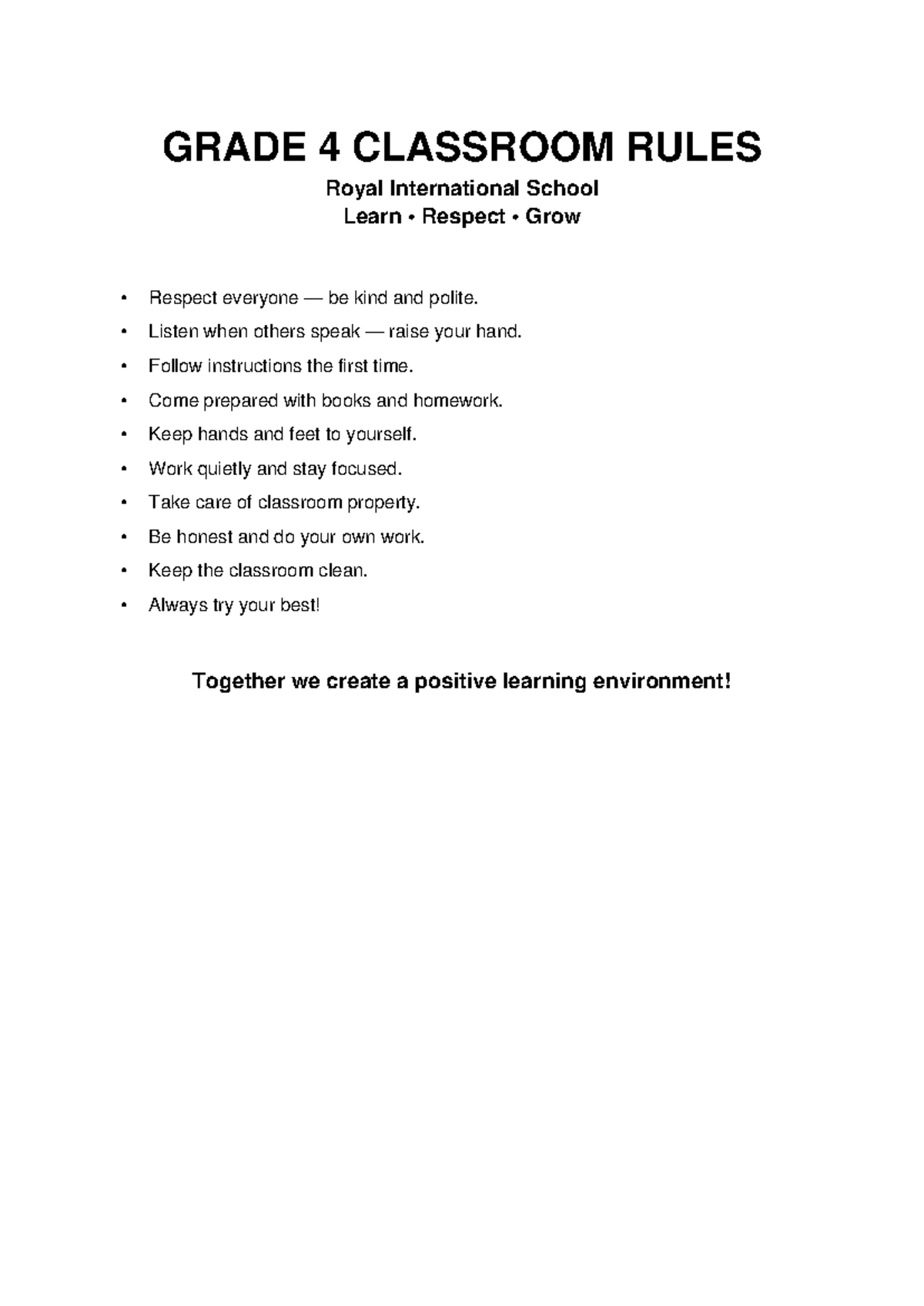 Grade 4 marketing flyer rules - GRADE 4 CLASSROOM RULES Royal ...