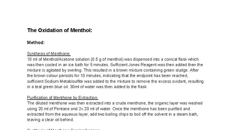 Oxidation of Menthol: Synthesis of Menthone & Semicarbazone - Studocu