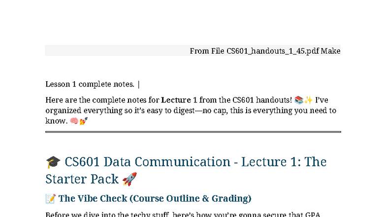 CS601 Data Communication Lecture Notes: Complete Overview - Studocu