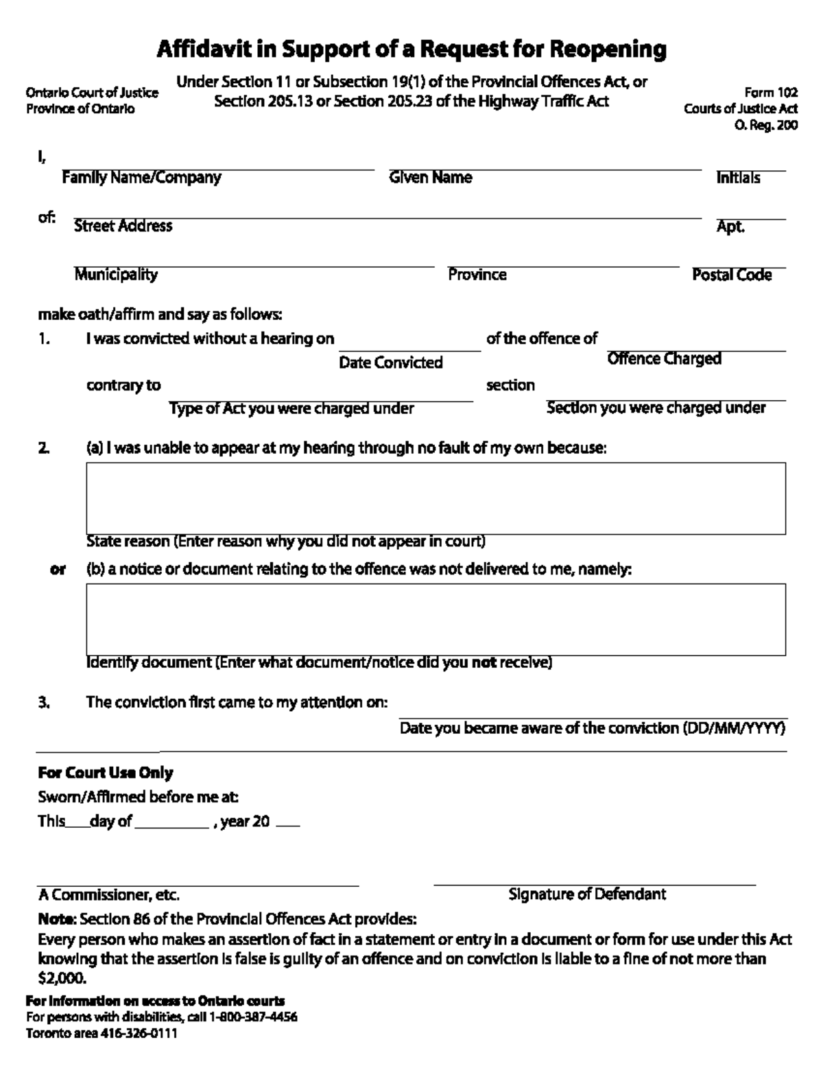 Affidavit for Reopening Request - Form 102, Ontario Provincial Offences ...