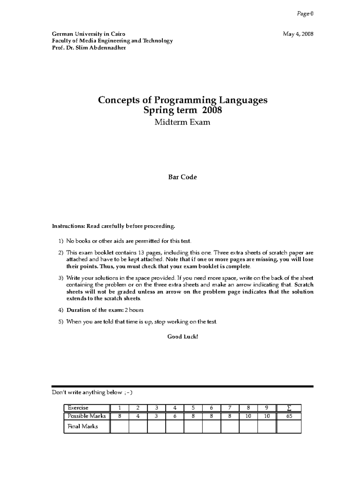 Midterm Exam - CSEN403: Concepts of Programming Languages, May 2008 ...