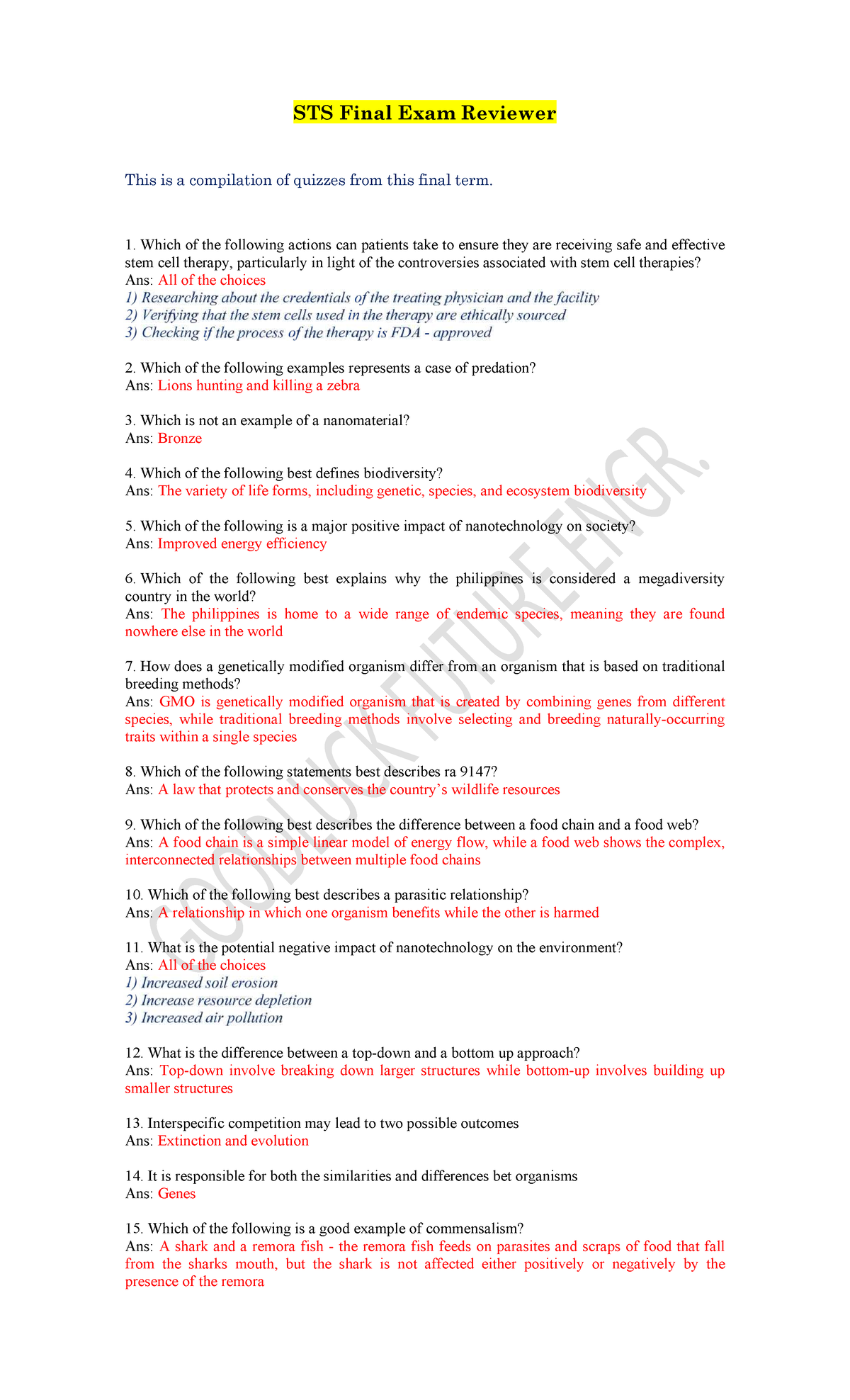 STS Final Exam Review: Key Concepts and Quiz Questions - Studocu