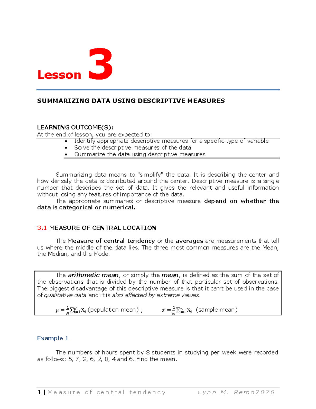 Lesson 3.1: Summarizing Data with Descriptive Measures - Studocu