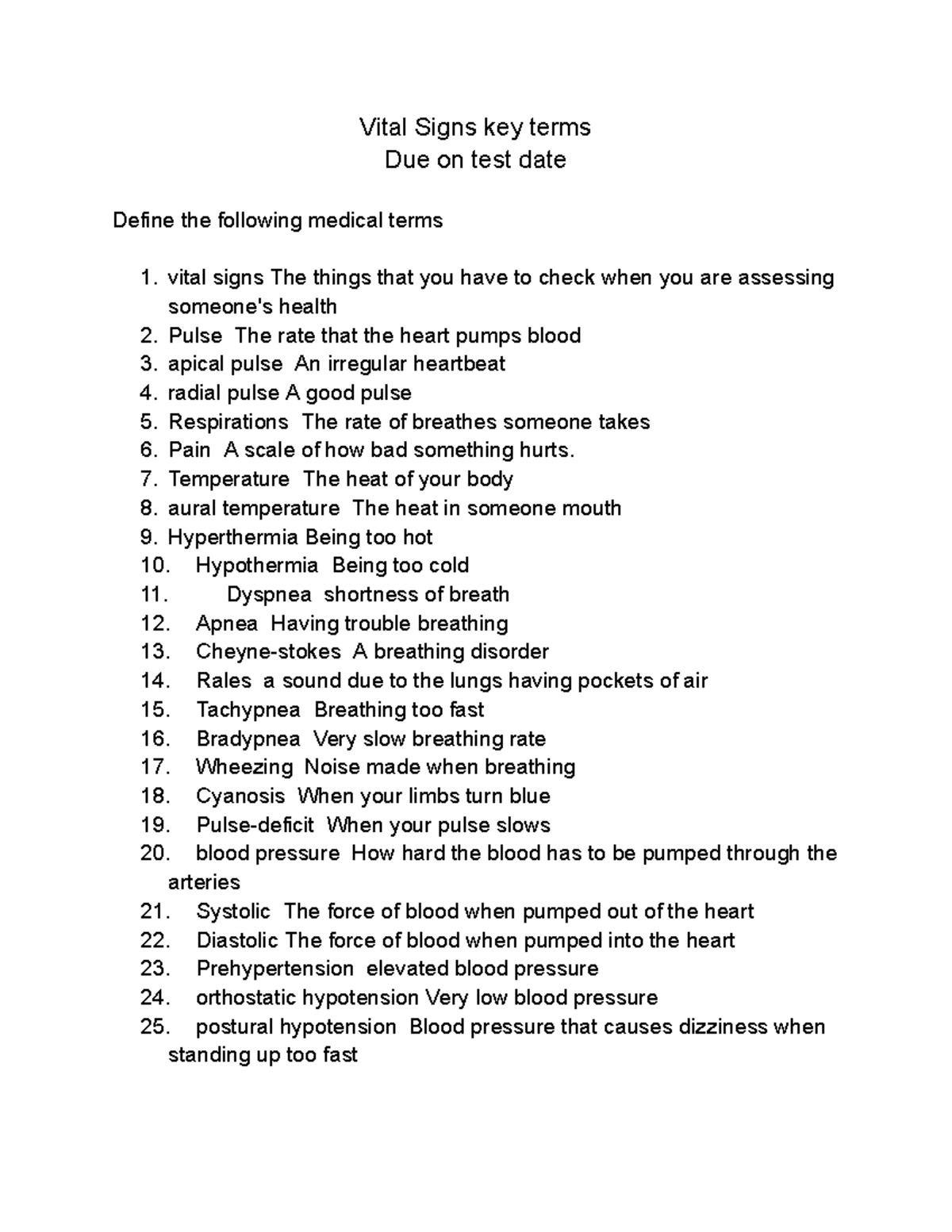 Copy of Vital Signs key terms - Vital Signs key terms Due on test date ...