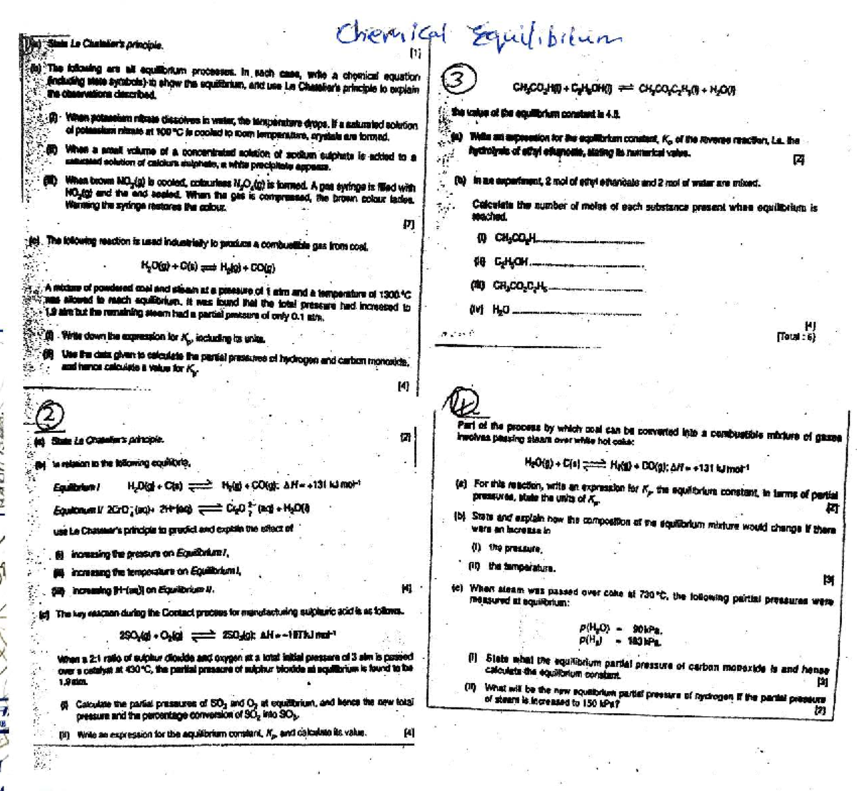 Chemical Equilibrium Worksheet: Le Chatelier's Principle and ...