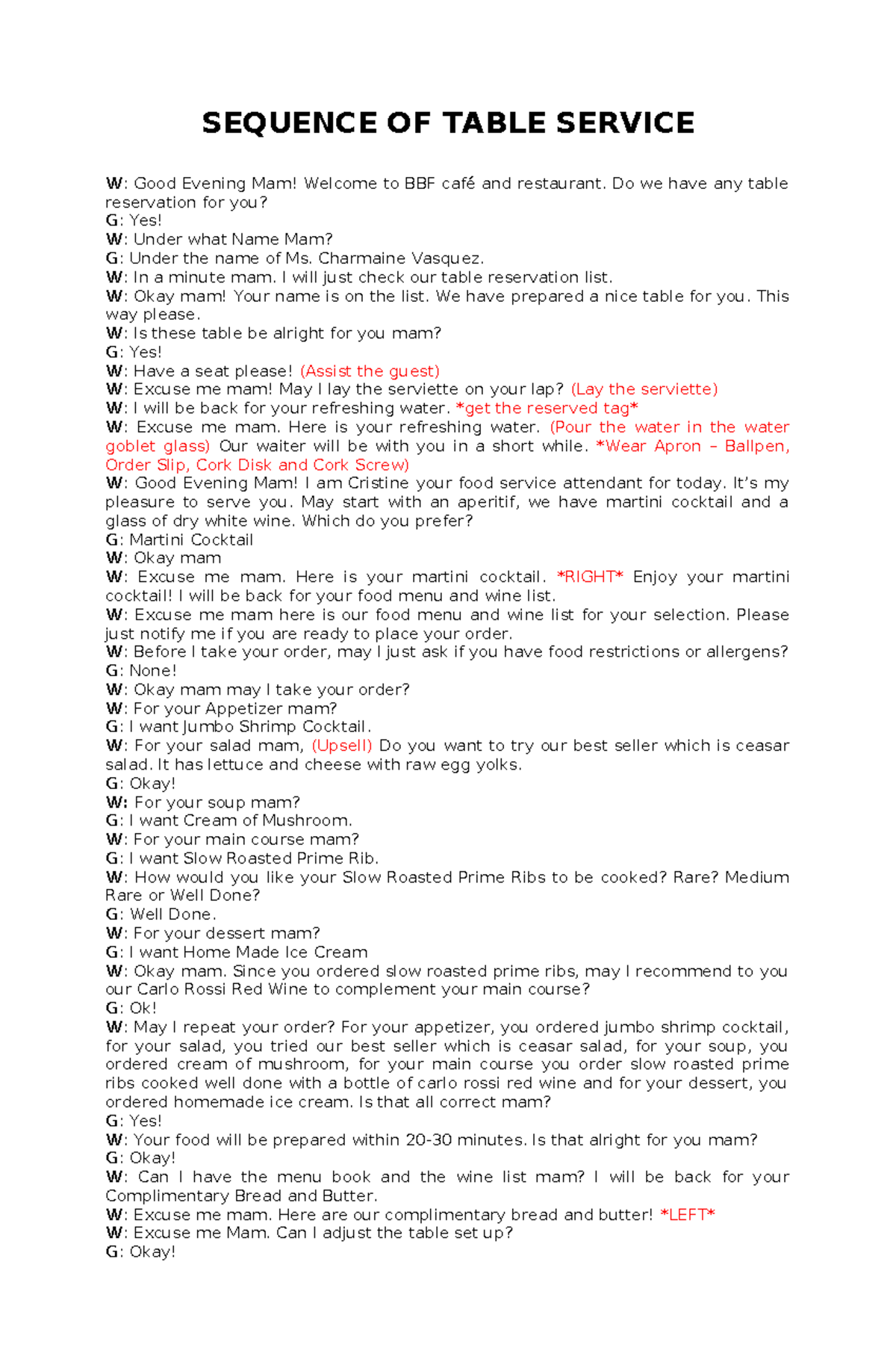 Sequence of Table Service 1 - SEQUENCE OF TABLE SERVICE W: Good Evening ...