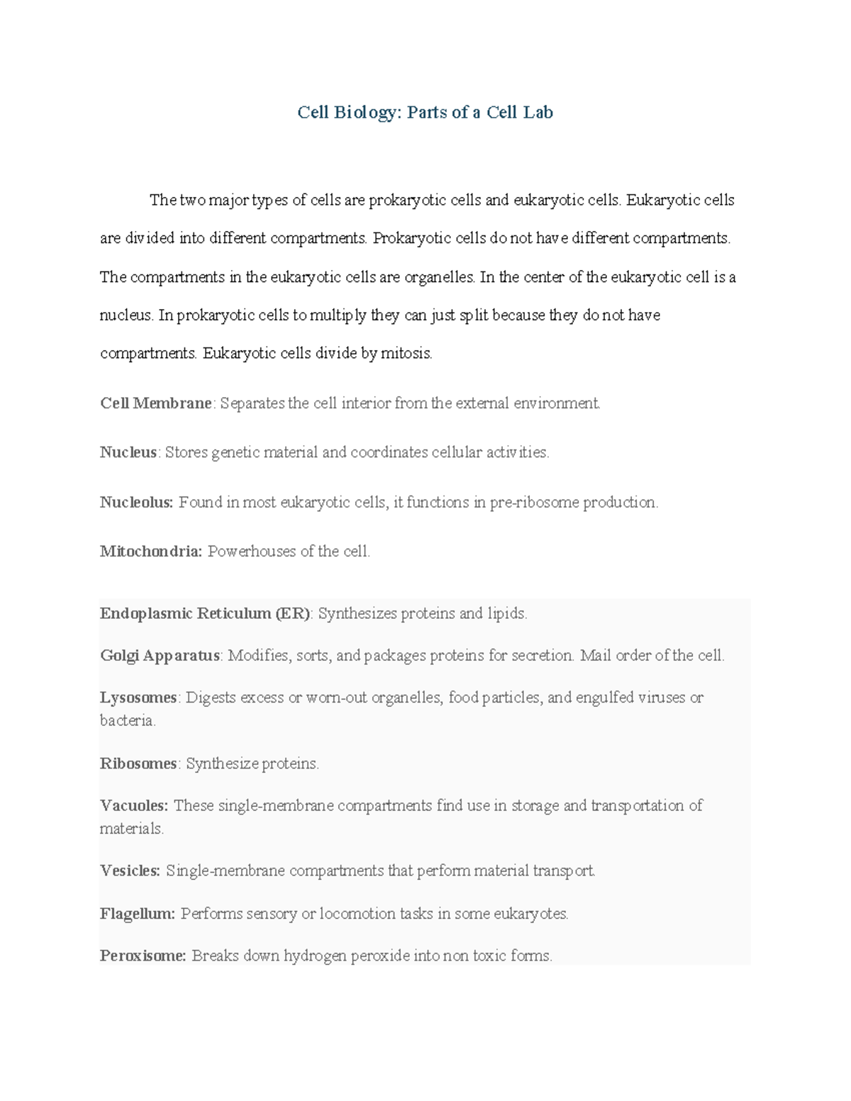 Cell Biology - Parts of a cell lab - Cell Biology: Parts of a Cell Lab ...