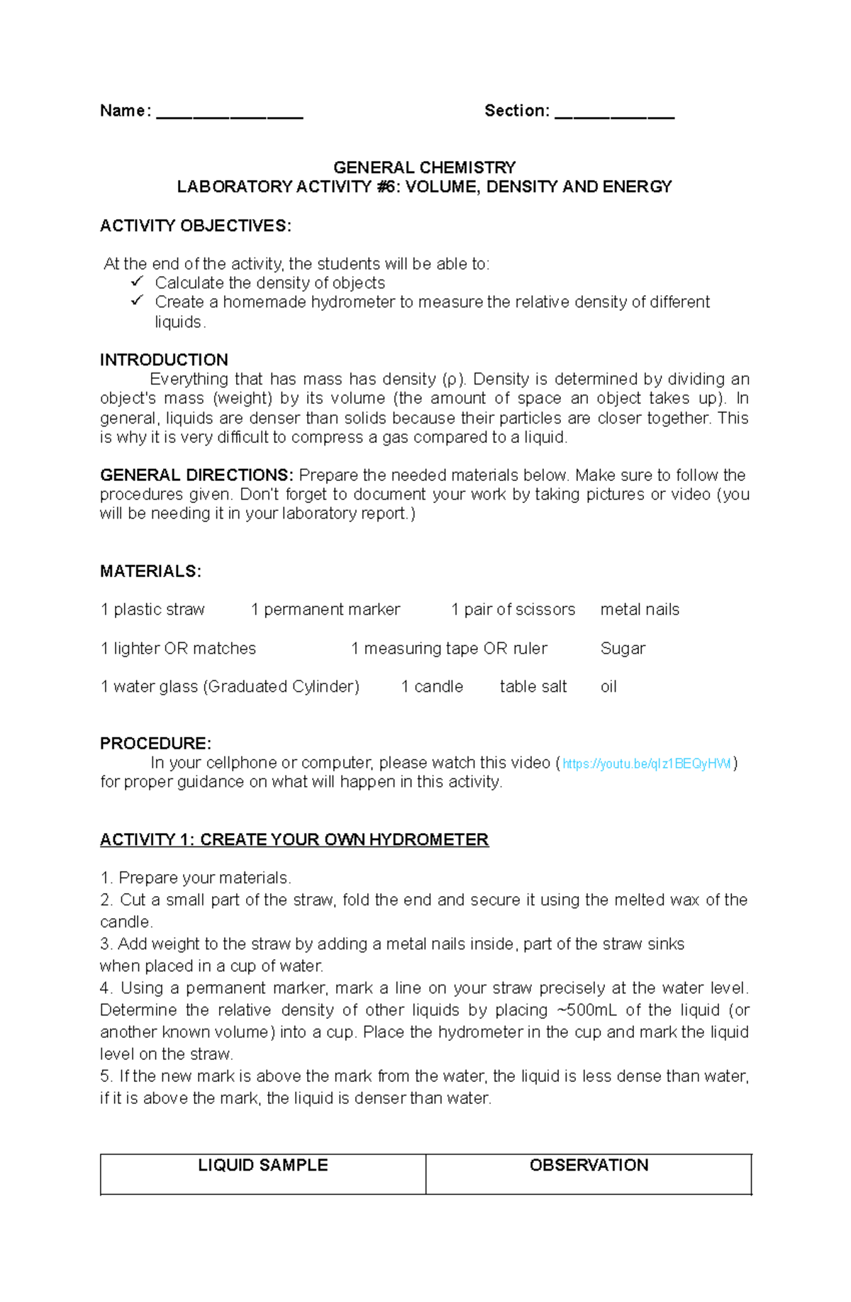 General Chemistry Lab Activity #6: Volume, Density & Energy - Studocu