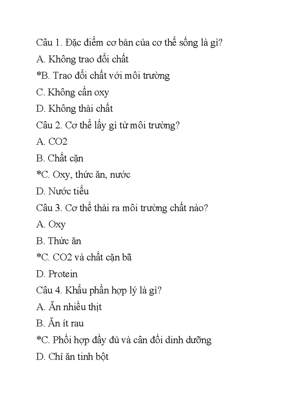 Câu hỏi ôn tập về dinh dưỡng và vai trò của các chất (Dd1 - ko) - Studocu