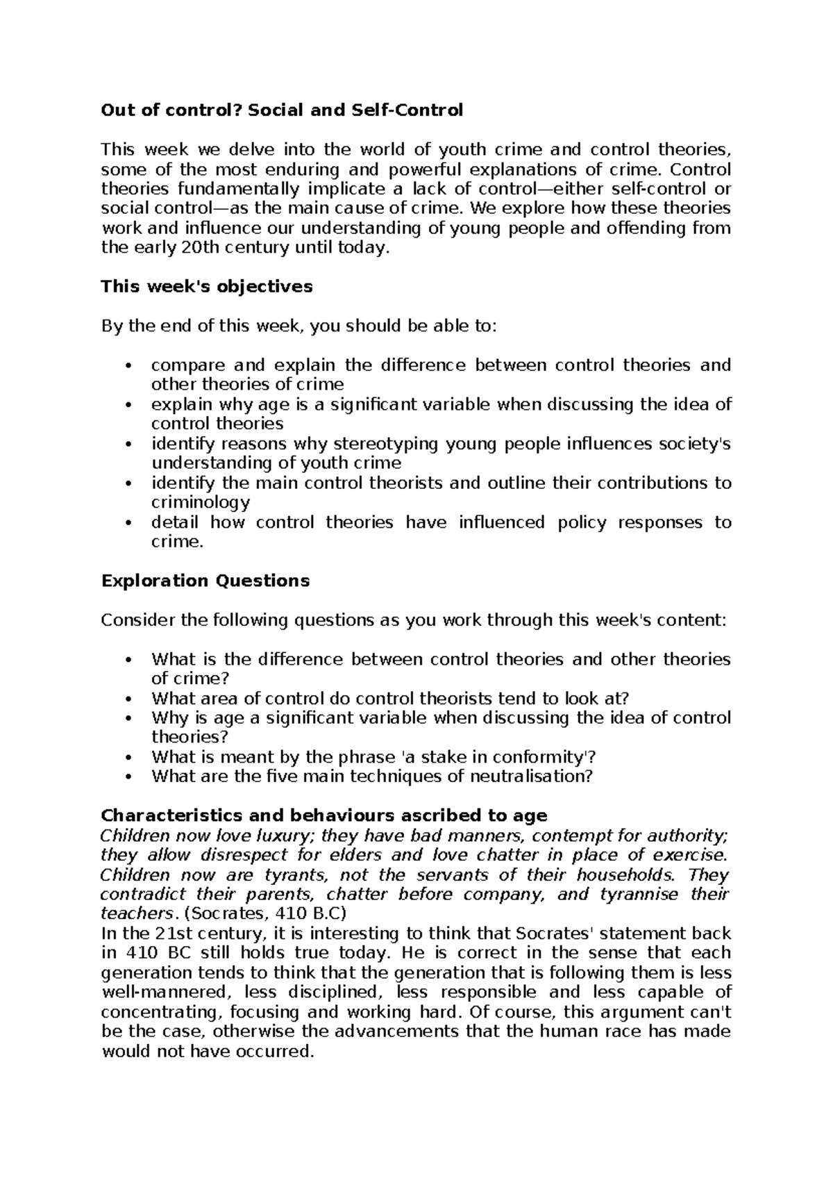Week 6 - Exploring Youth Crime: Control Theories & Implications - Studocu