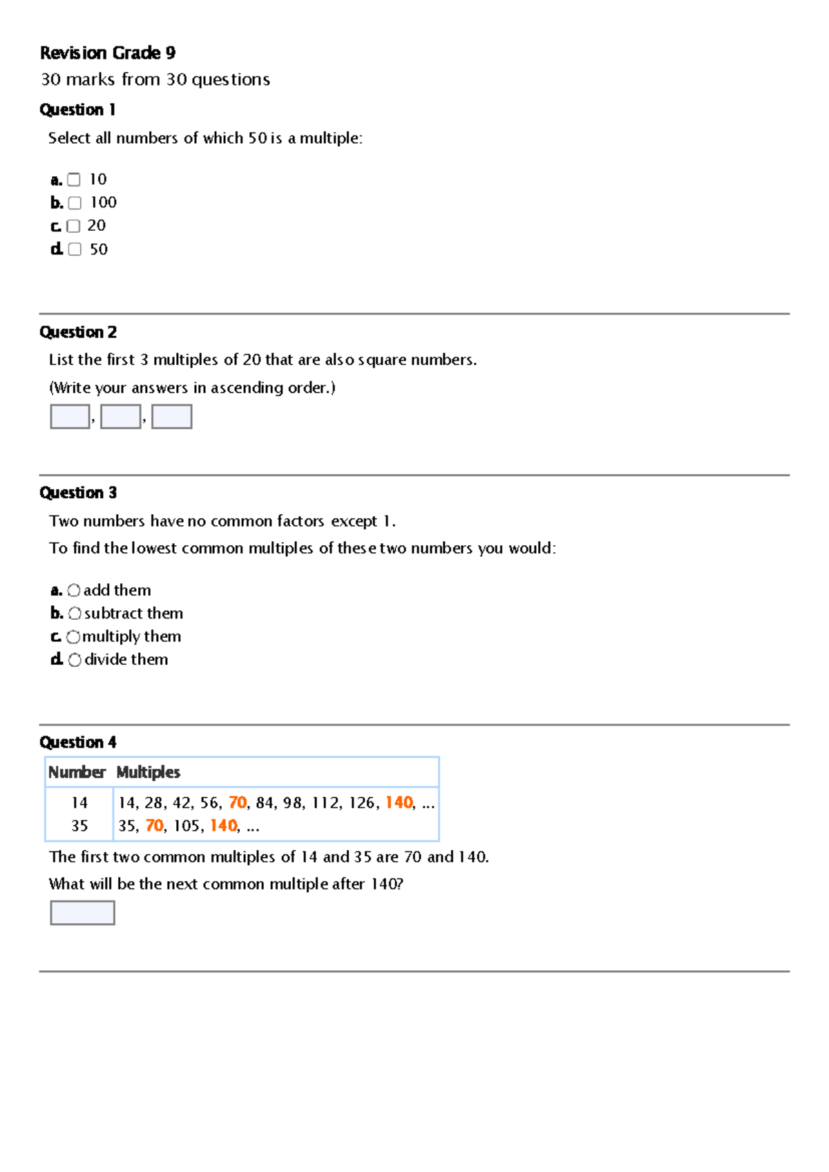 Revision Grade 9 - 30 Marks Math Questions and Answers - Studocu