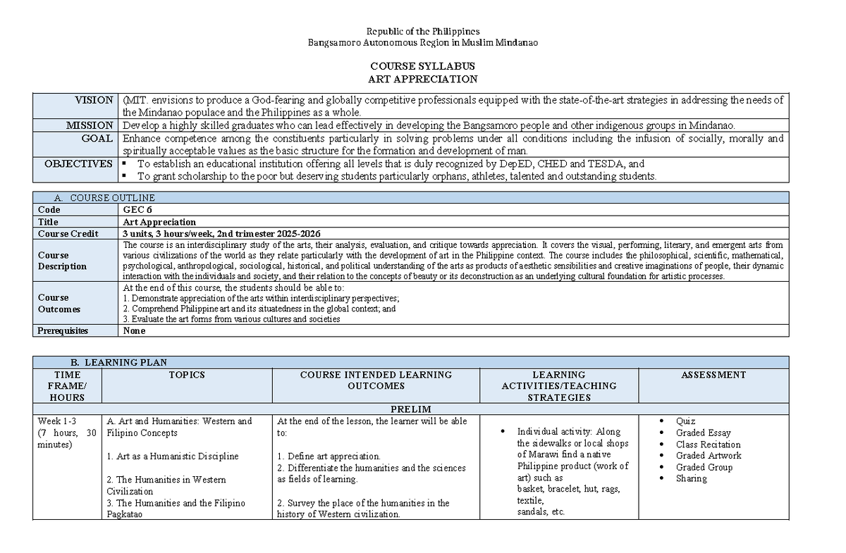 GEC 6 Syllabus: Art Appreciation in the Bangsamoro Context - Studocu