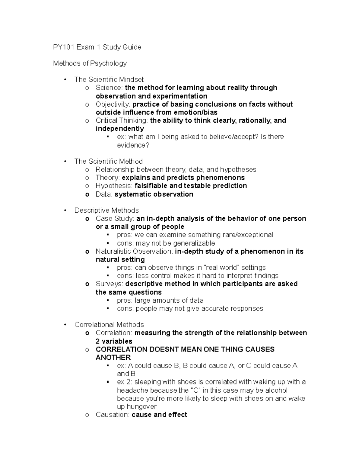 PY 101 Exam 1 Notes - PY101 Exam 1 Study Guide Methods of Psychology ...