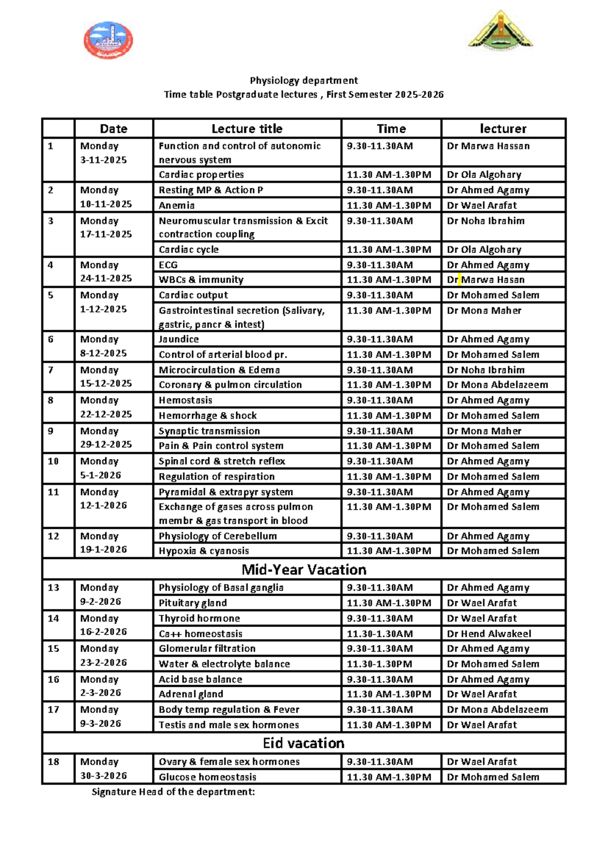 Physiology PG Lecture Timetable 2025-2026, 1st Semester - Studocu