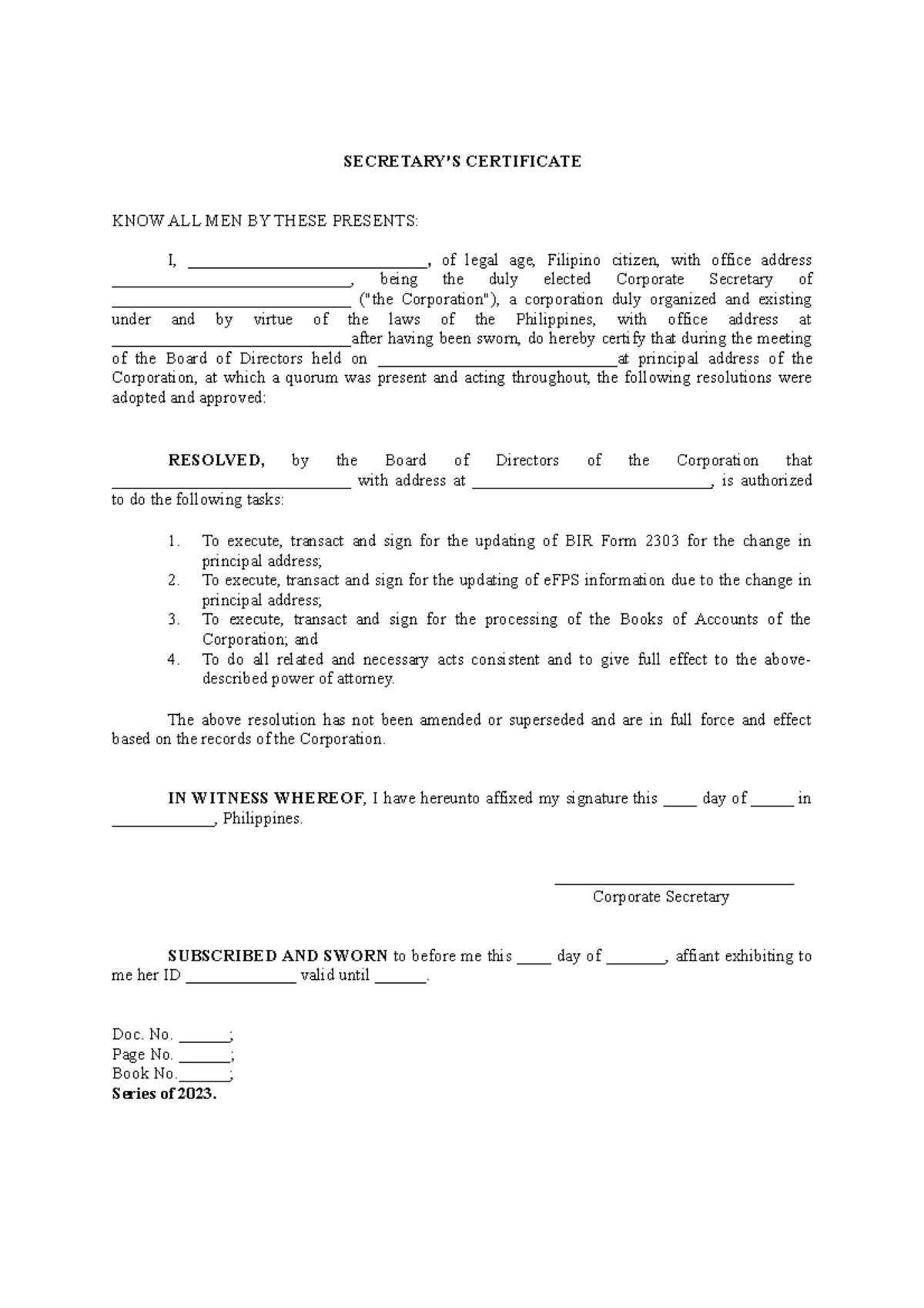 Secretary Certificate - Authorized Representative for Corporate Affairs ...