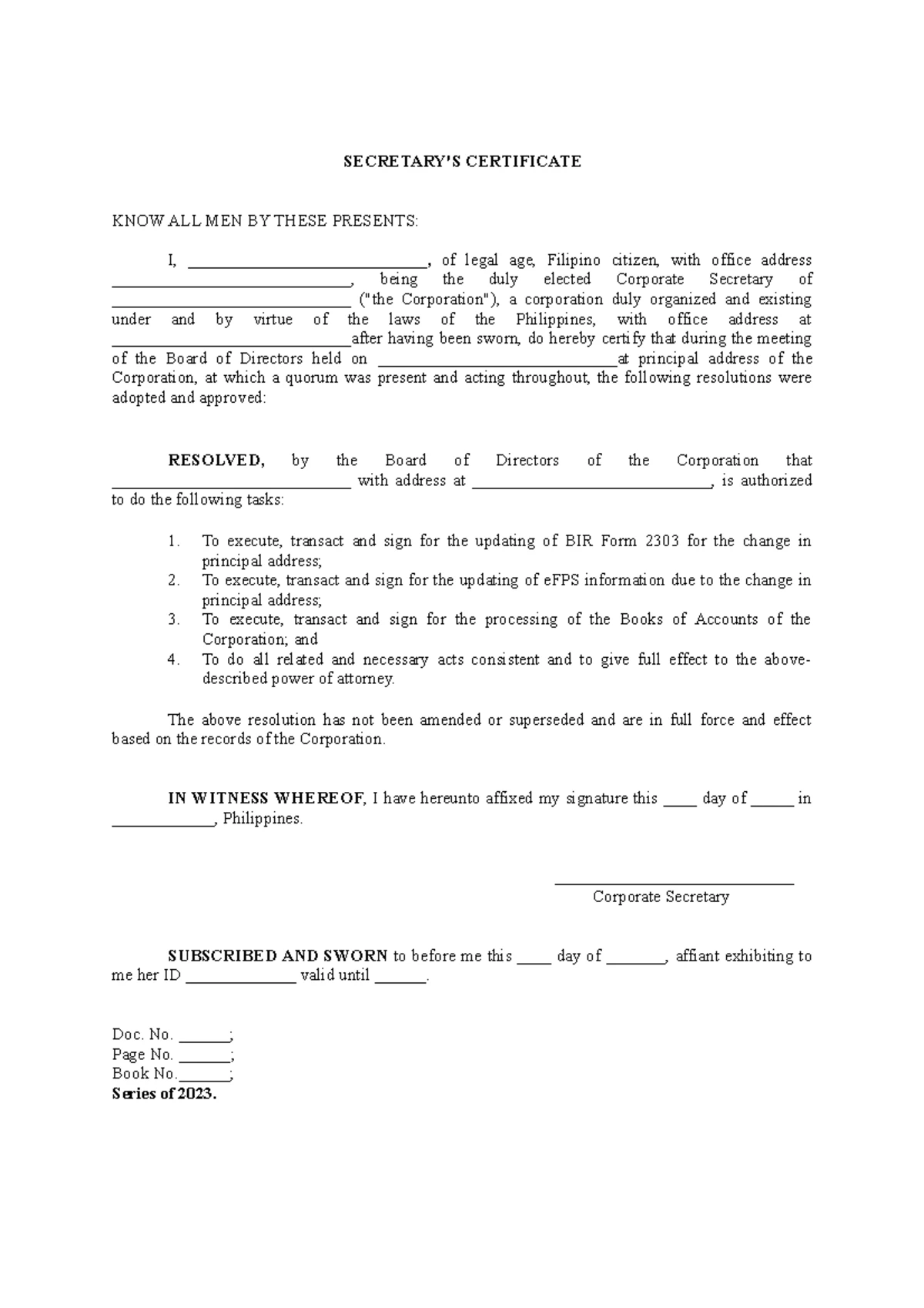 Affidavit - Loss of BIR Form 2303 - Republic of the Philippines ...