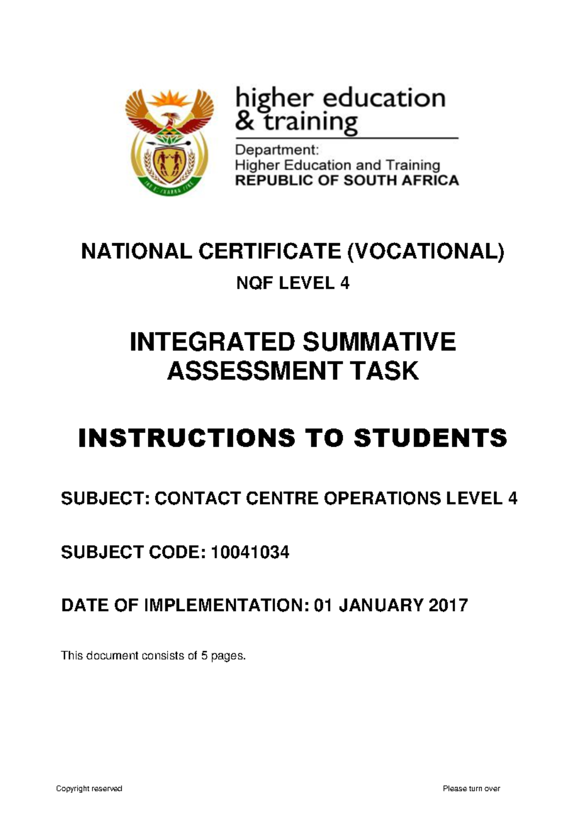 NCV Level 4 Contact Centre Operations ISAT Student Guide 2017 - Studocu