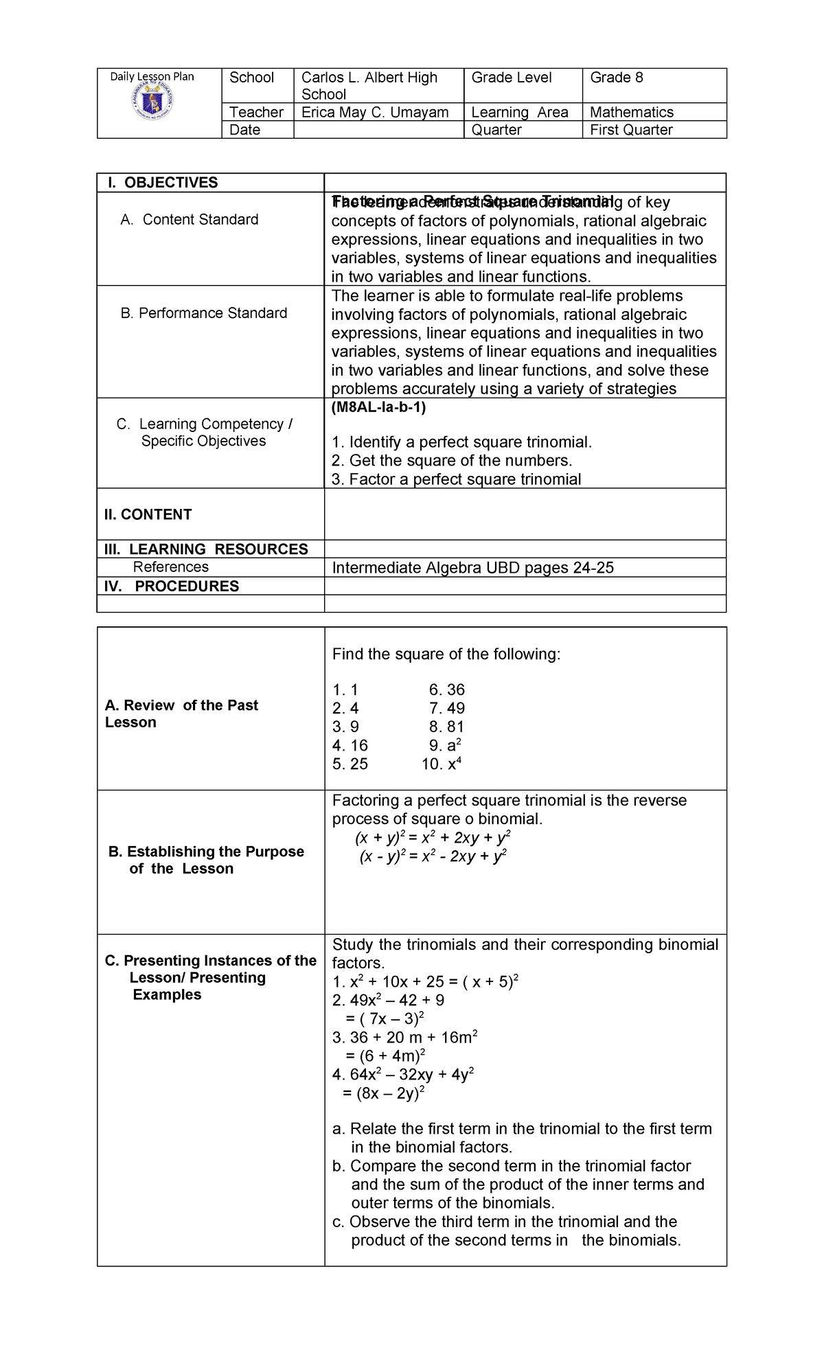 DLP: Perfect Square Trinomial Lesson Plan for Grade 8 Math - Studocu